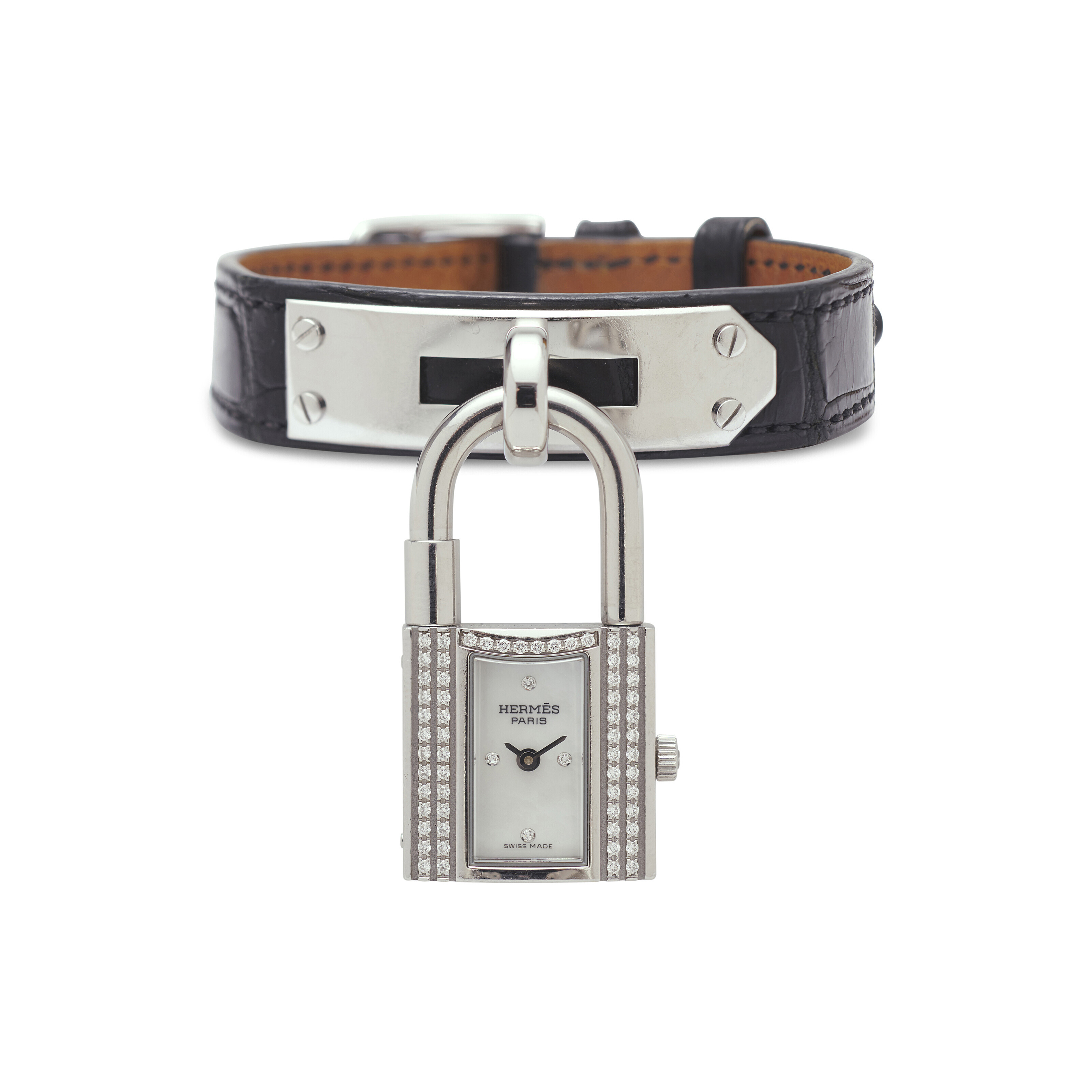 AN 18K WHITE GOLD & DIAMOND KELLY WATCH WITH MATTE BLACK ALLIGATOR ...