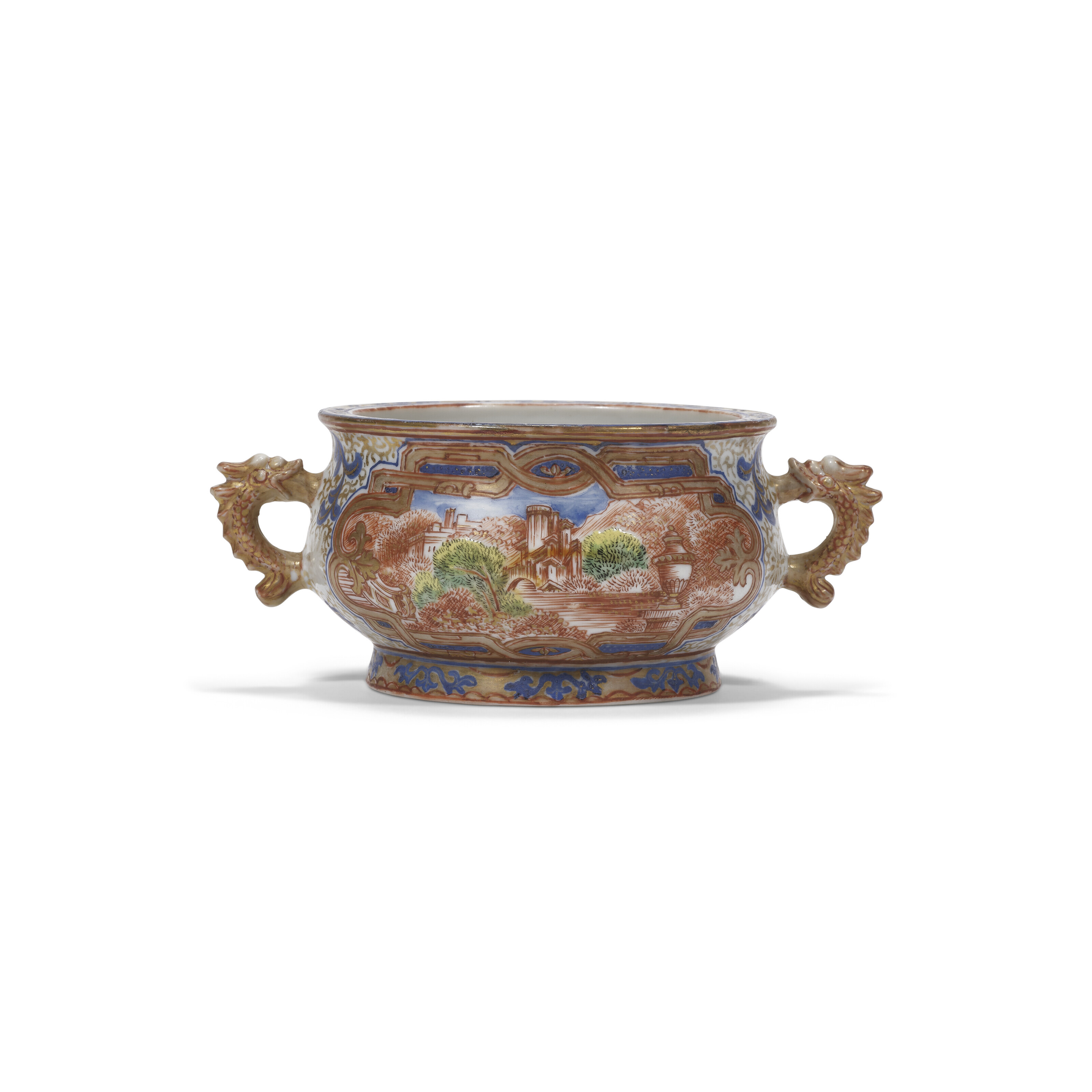 A PAINTED ENAMEL AND GILT-DECORATED 'EUROPEAN SUBJECT' DEHUA CENSER ...