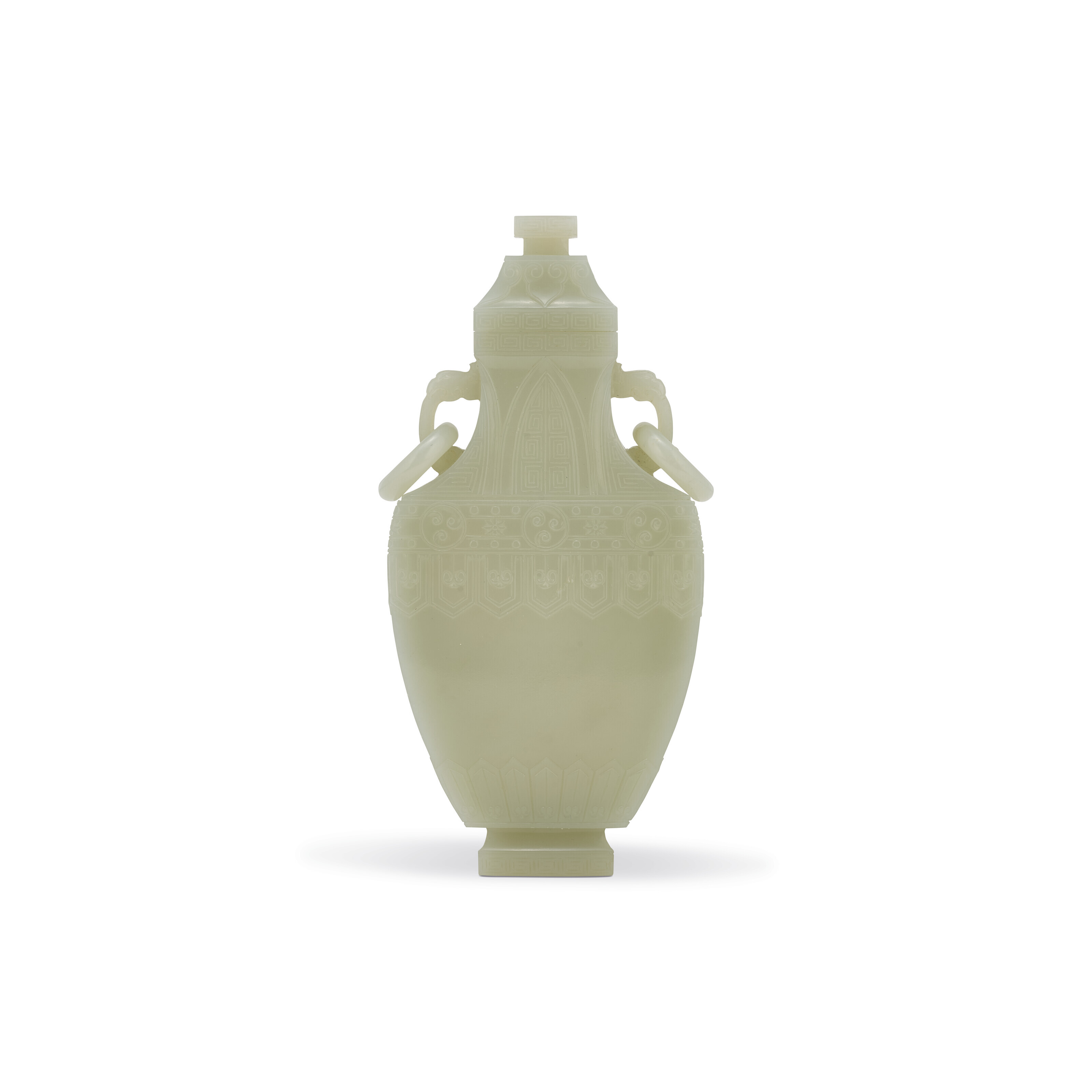 A GREENISH-WHITE JADE 'ARCHAISTIC' VASE AND COVER, QING DYNASTY (1644 ...