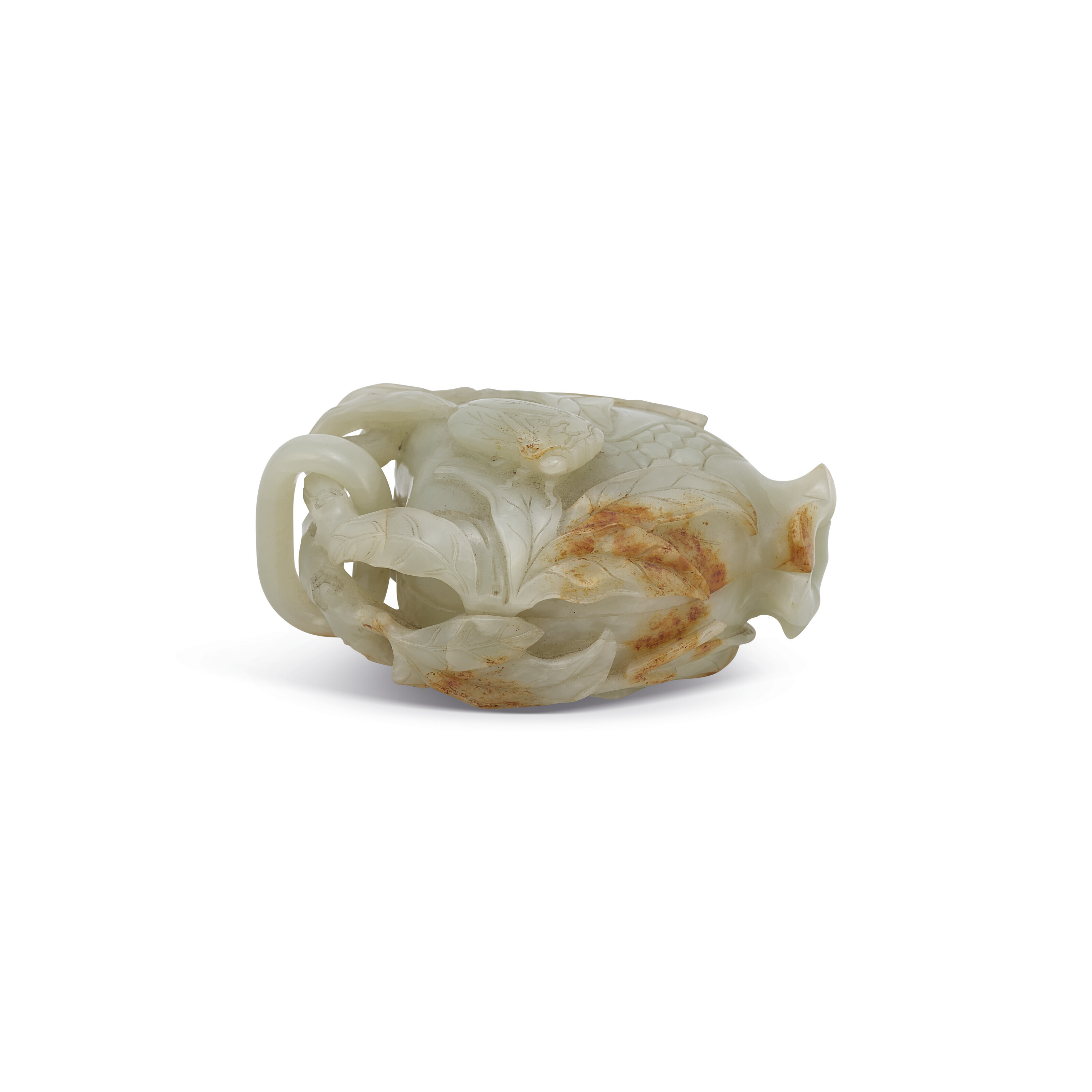 A WHITE AND RUSSET JADE POMEGRANATE-FORM BOX AND COVER, QING DYNASTY ...
