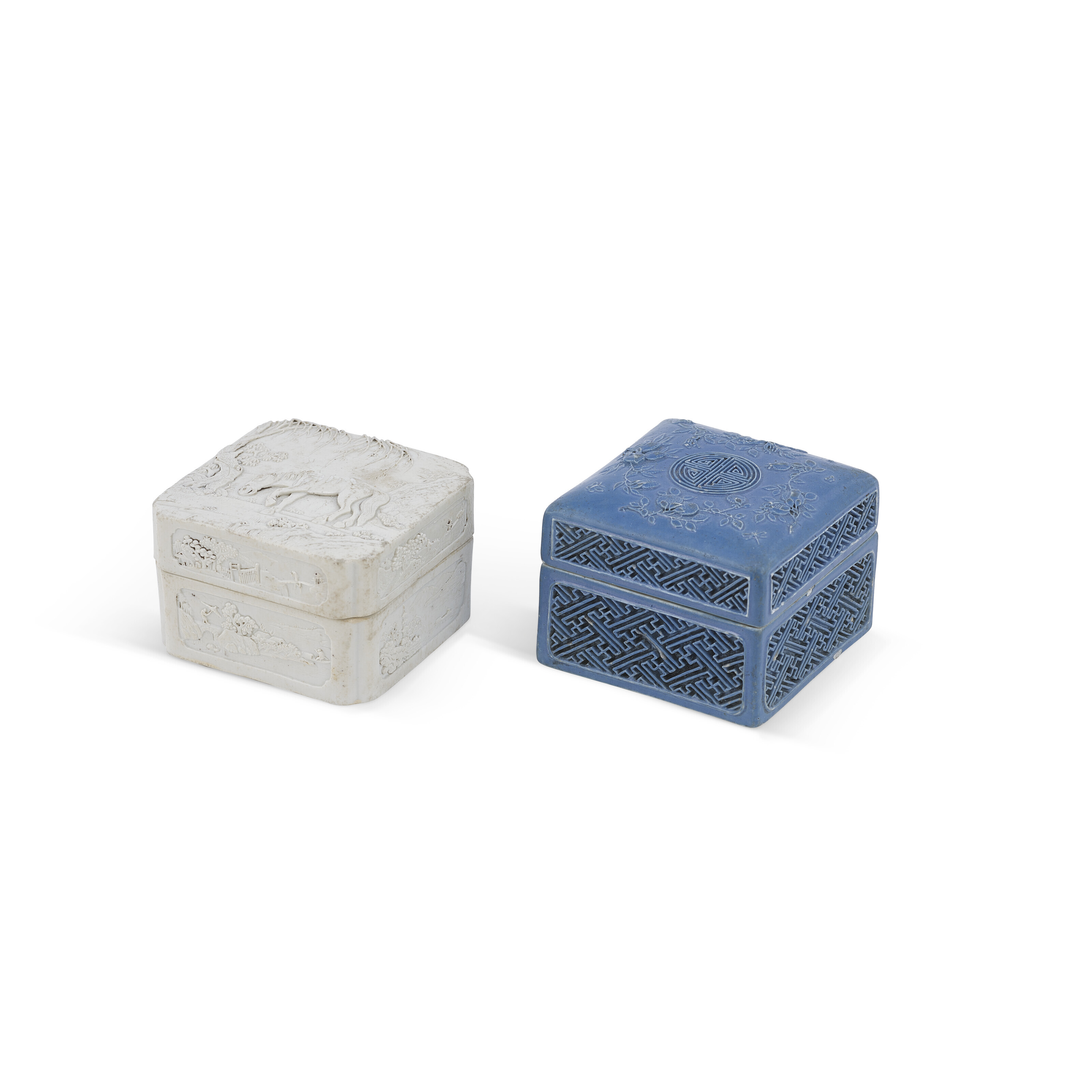 TWO PORCELAIN SEAL PASTE BOXES AND COVERS, QING DYNASTY, 19TH CENTURY ...