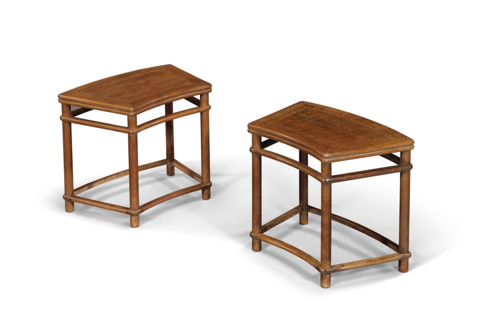 A VERY RARE PAIR OF HUANGHUALI FAN-SHAPED STOOLS, QING DYNASTY, 18TH ...
