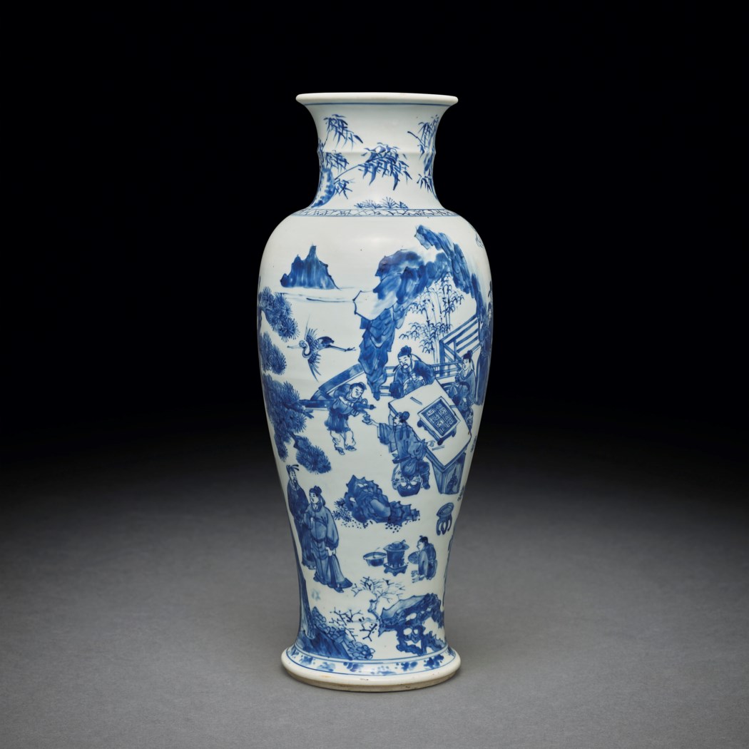 A RARE LARGE BLUE AND WHITE `EIGHTEEN SCHOLARS’ BALUSTER VASE, KANGXI ...