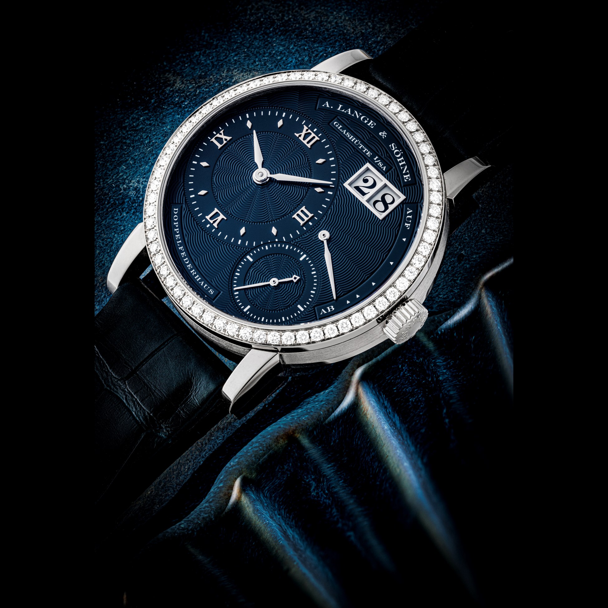 A. LANGE & SÖHNE. AN EXCEPTIONALLY RARE 18K WHITE GOLD AND DIAMOND-SET ...