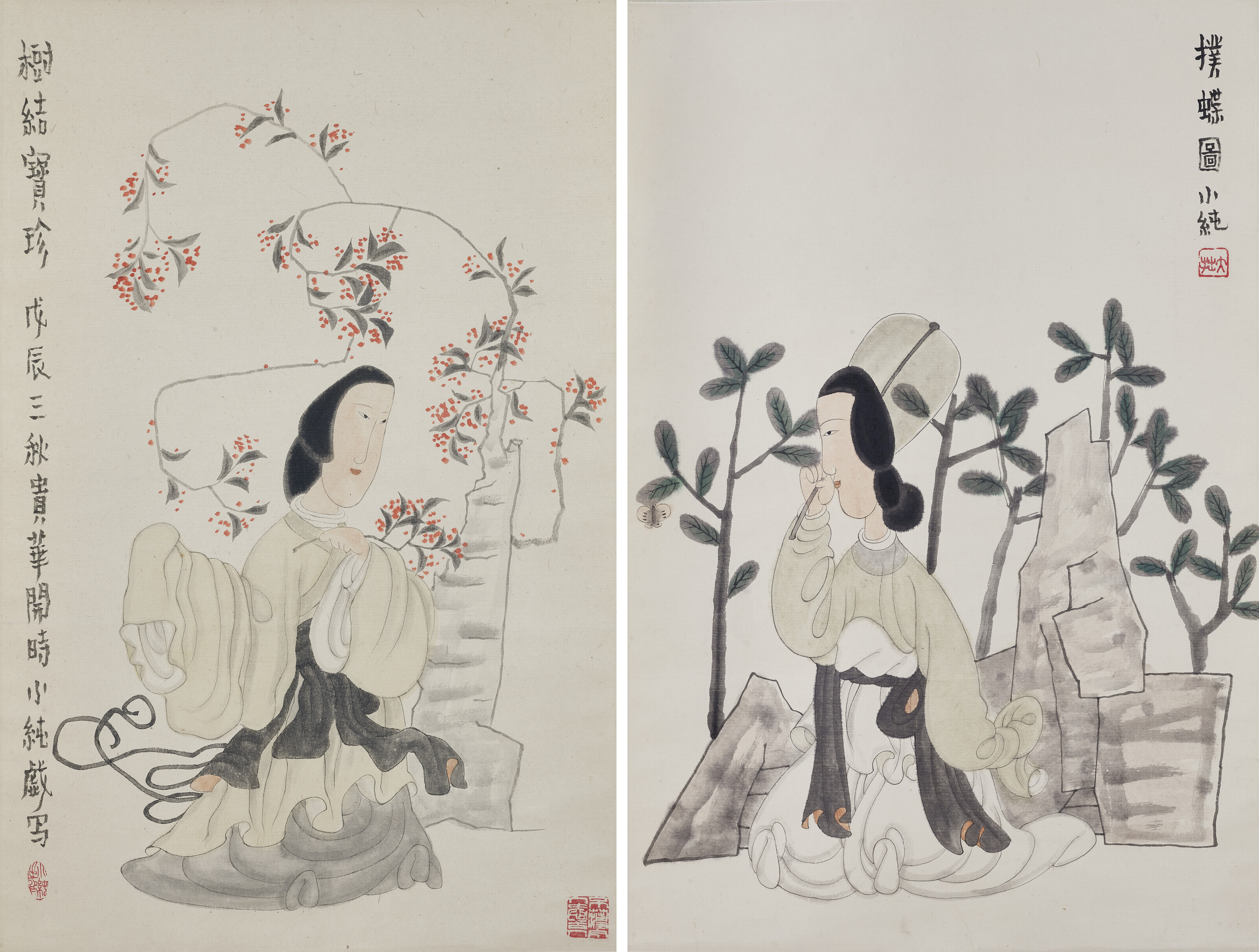 QIAN XIAOCHUN (B. 1947), Lady with Osmanthus / Lady and Butterfly ...