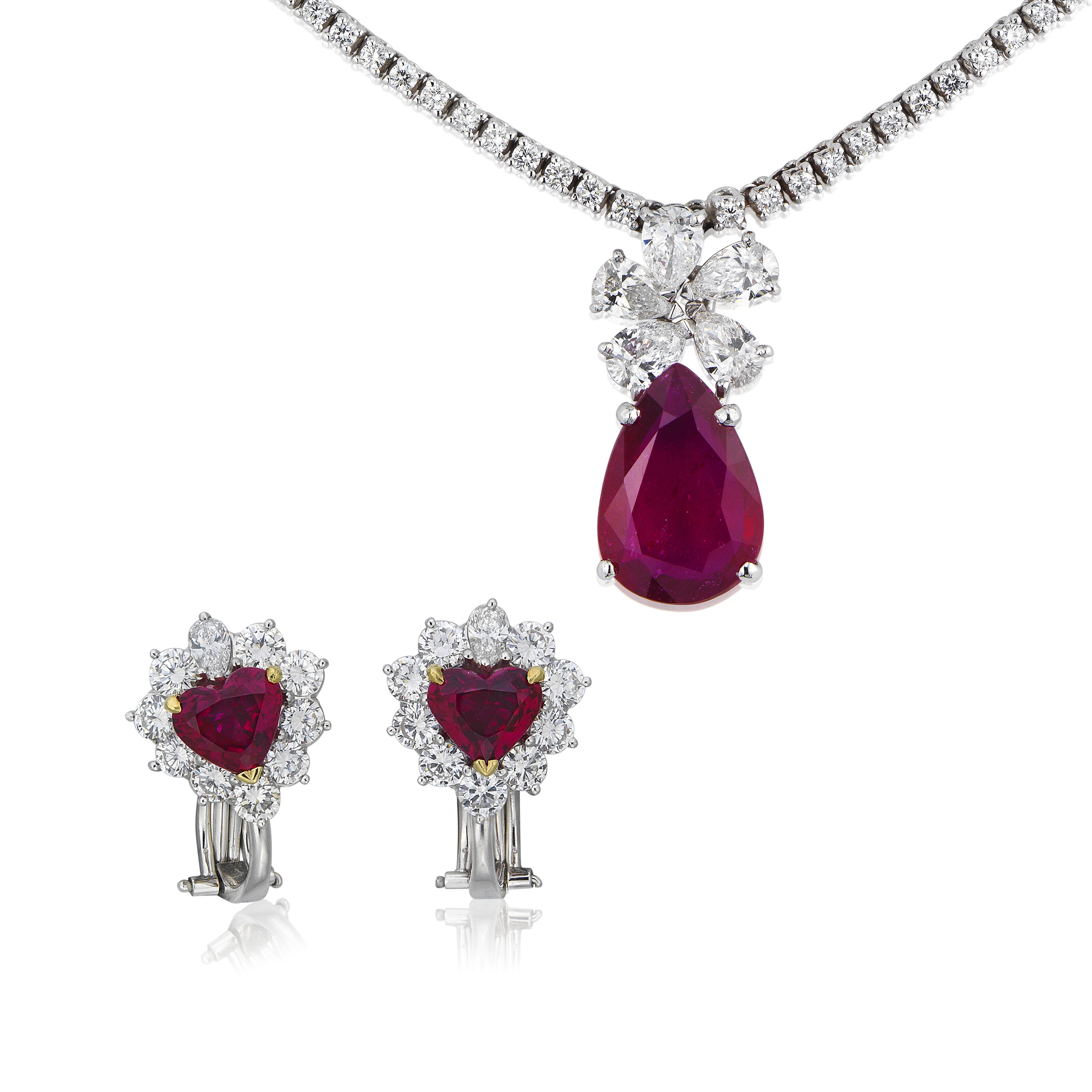 HARRY WINSTON RUBY AND DIAMOND EARRINGS; TOGETHER WITH A RUBY AND ...