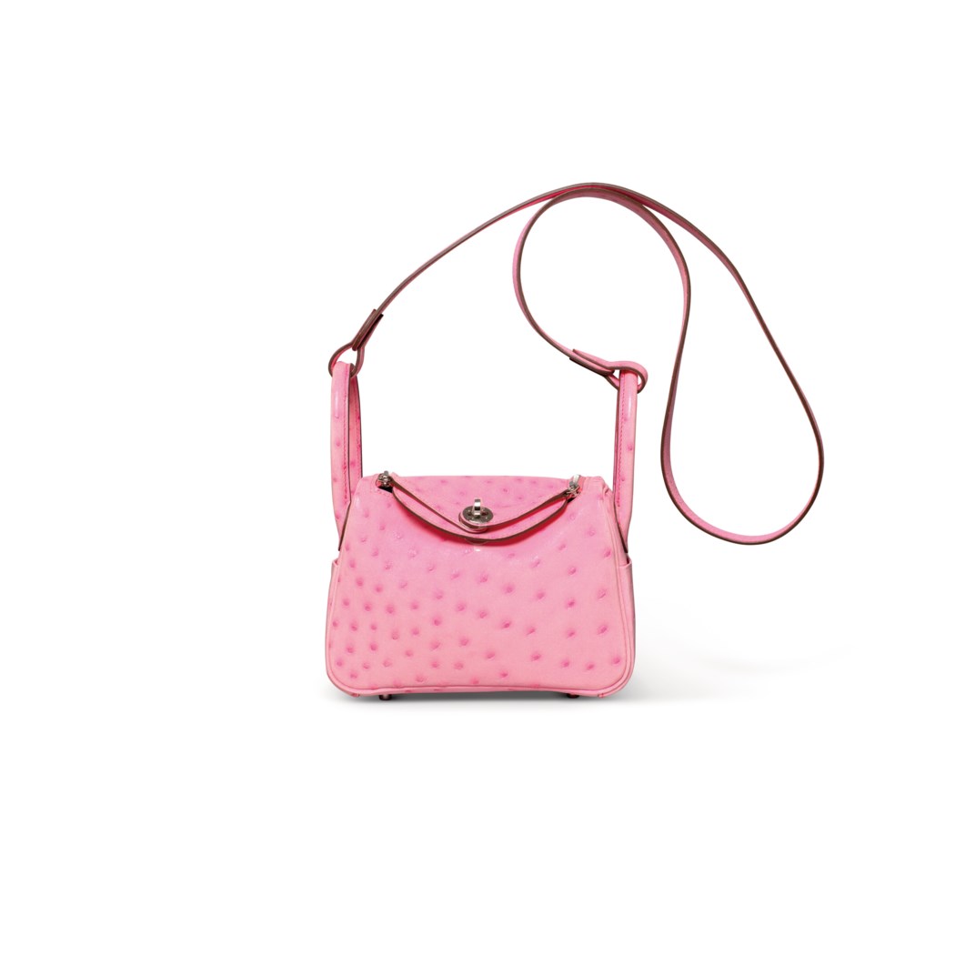 A ROSE BUBBLEGUM OSTRICH MINI LINDY 19 WITH PALLADIUM HARDWARE, HERMÈS ...