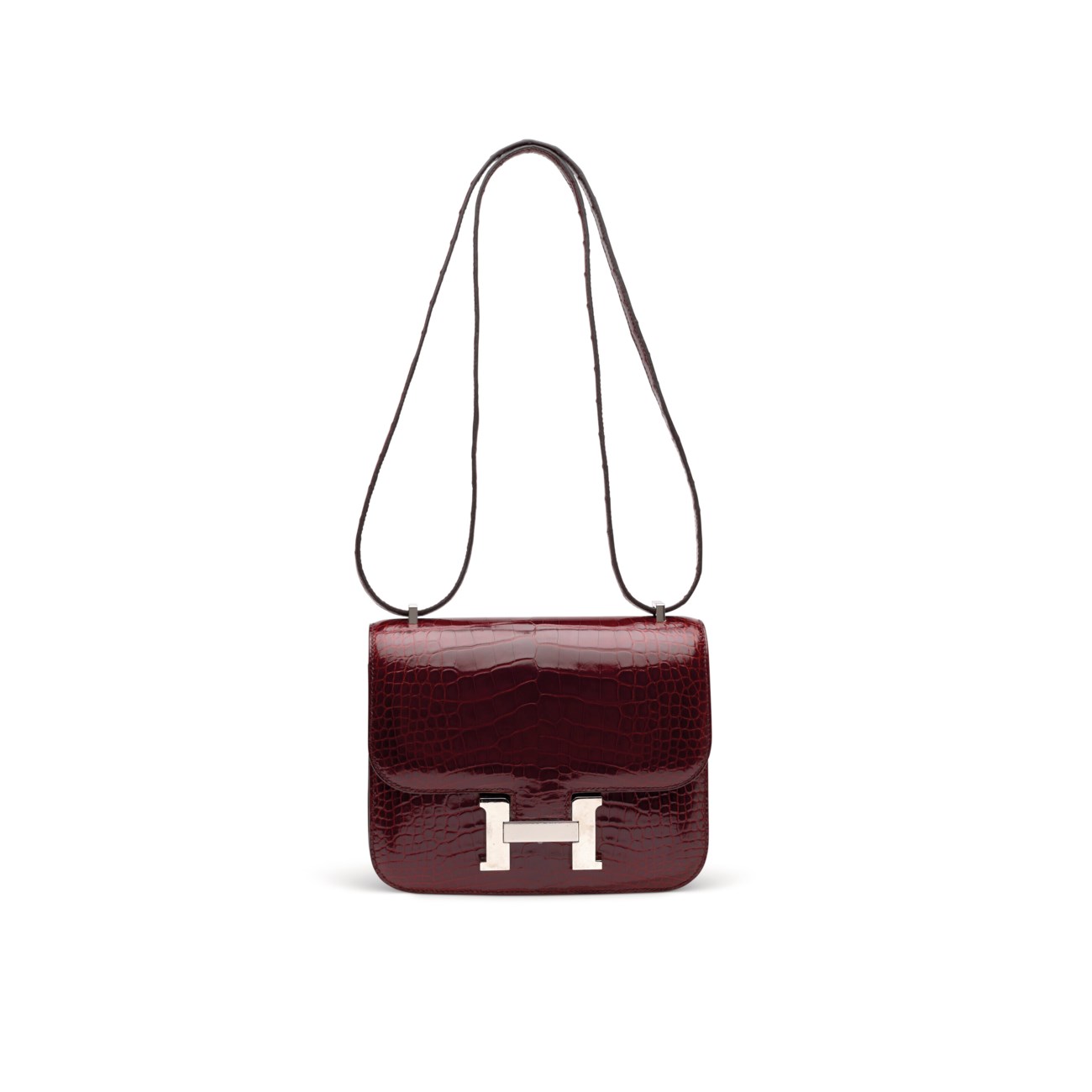 A SHINY BOURGOGNE ALLIGATOR MINI CONSTANCE 18 WITH PALLADIUM HARDWARE