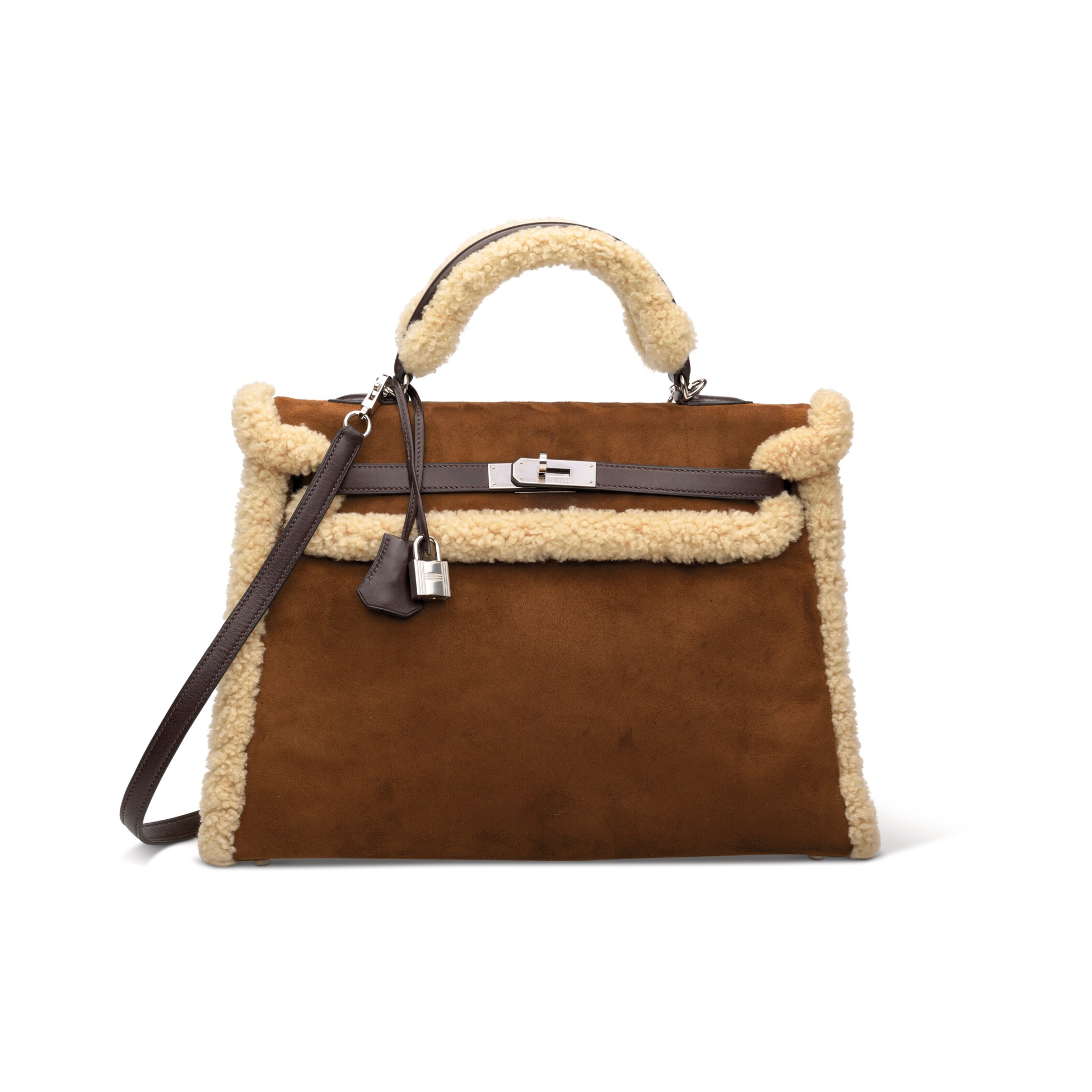 A RARE, SUEDE & SHEARLING TEDDY KELLY 35 WITH PALLADIUM HARDWARE ...