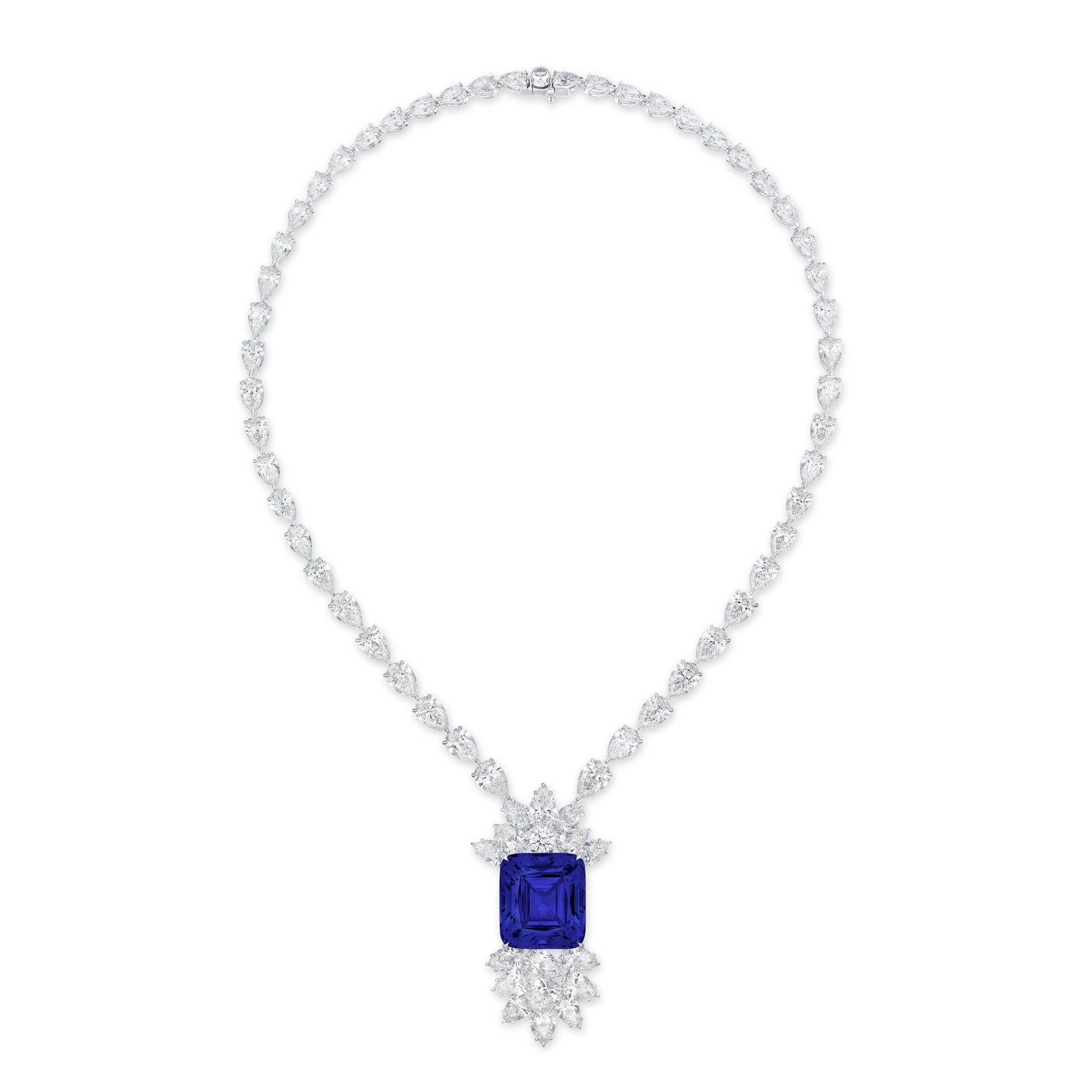 STUNNING SAPPHIRE AND DIAMOND PENDENT NECKLACE, BY RONALD ABRAM ...