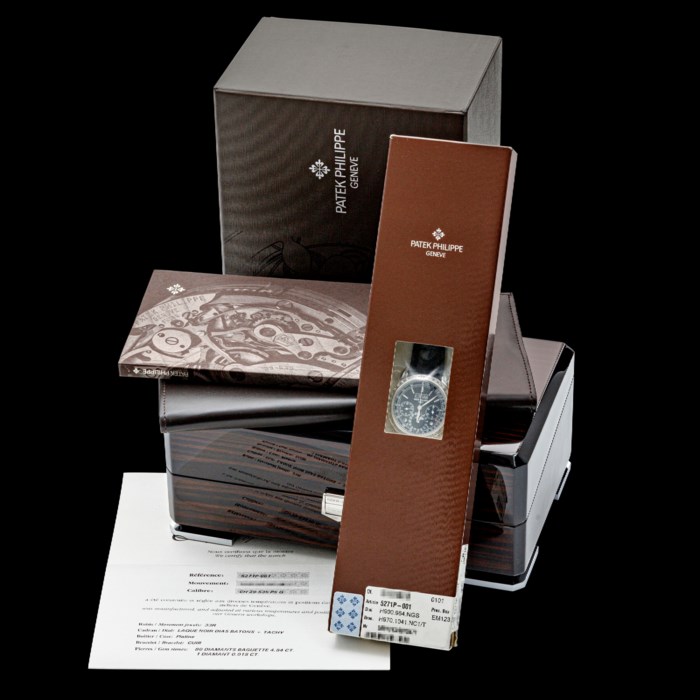 PATEK PHILIPPE. A RARE PLATINUM AND BAGUETTE-CUT DIAMOND-SET PERPETUAL ...