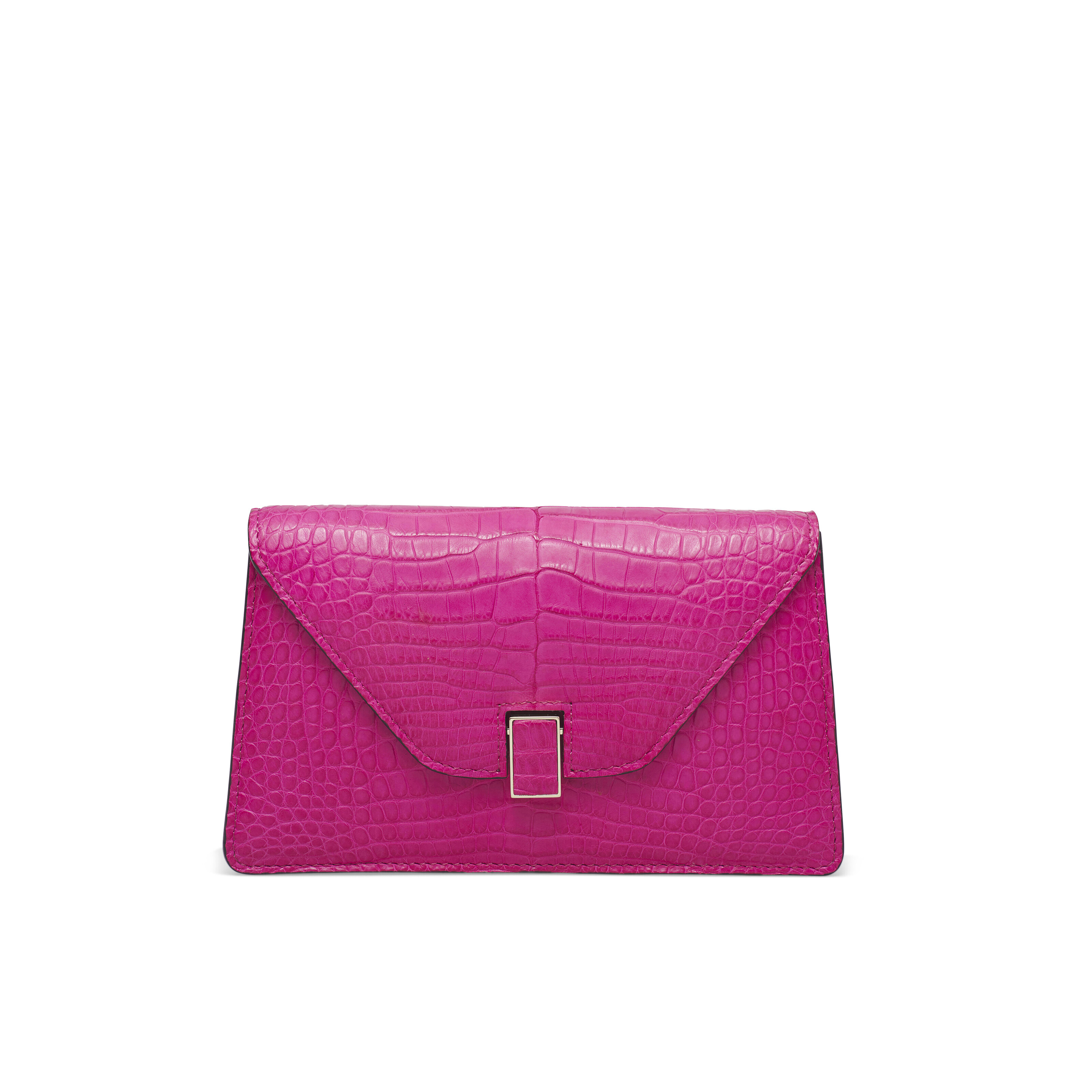 A MADE TO ORDER MATTE FUCHSIA CROCODILE ISIDE CLUTCH WITH GOLD HARDWARE ...