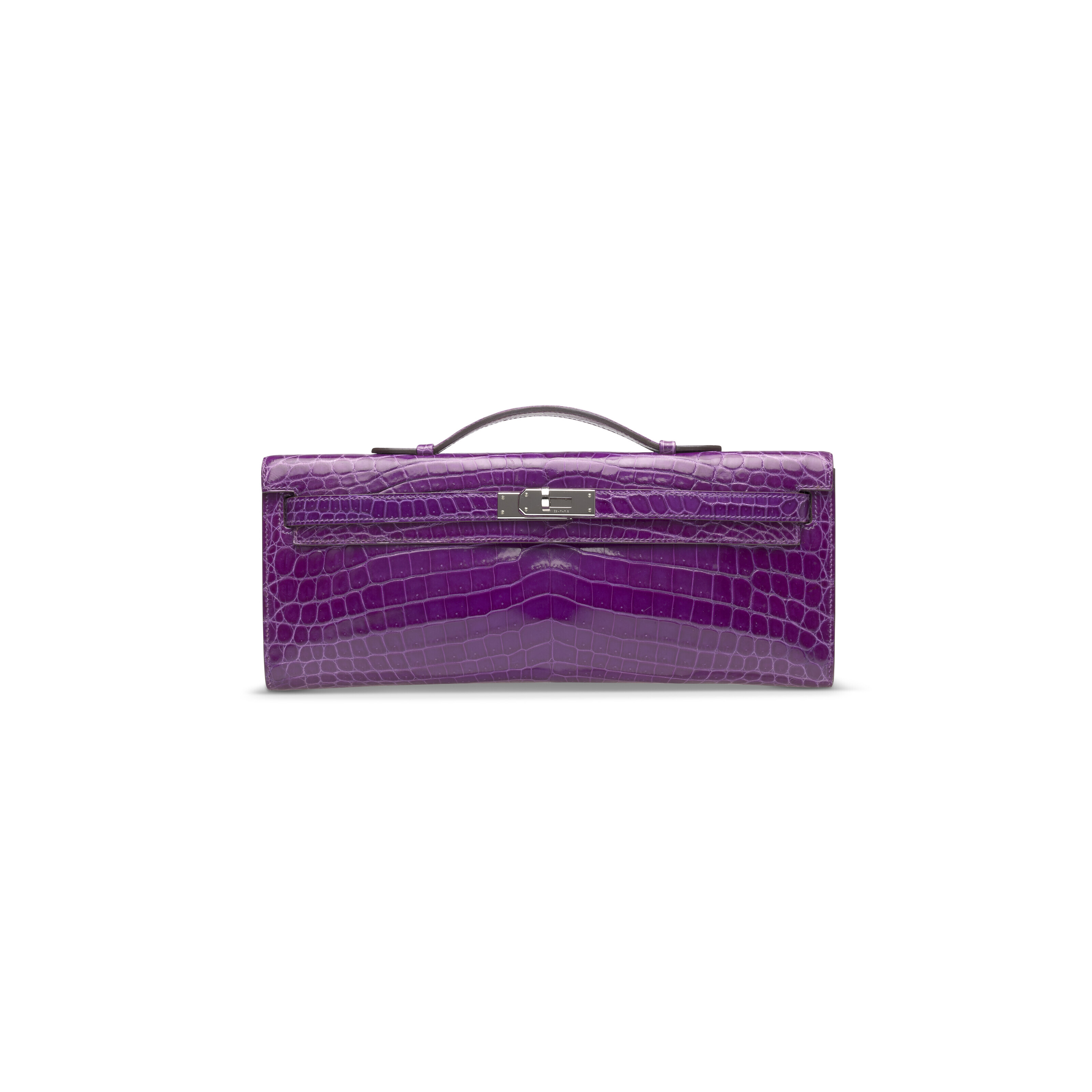 A SHINY VIOLET NILOTICUS CROCODILE KELLY CUT WITH PALLADIUM HARDWARE ...