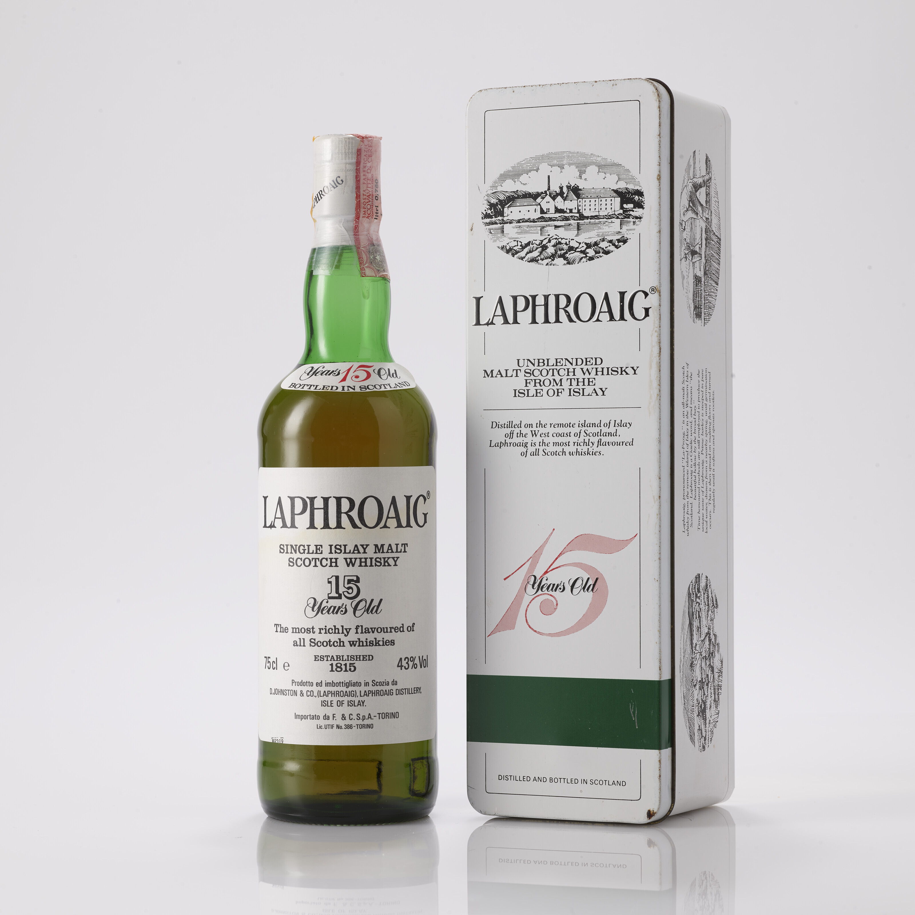 Laphroaig 15 Year Old, IslayIn original tin case. 43% vol. Distilled ...