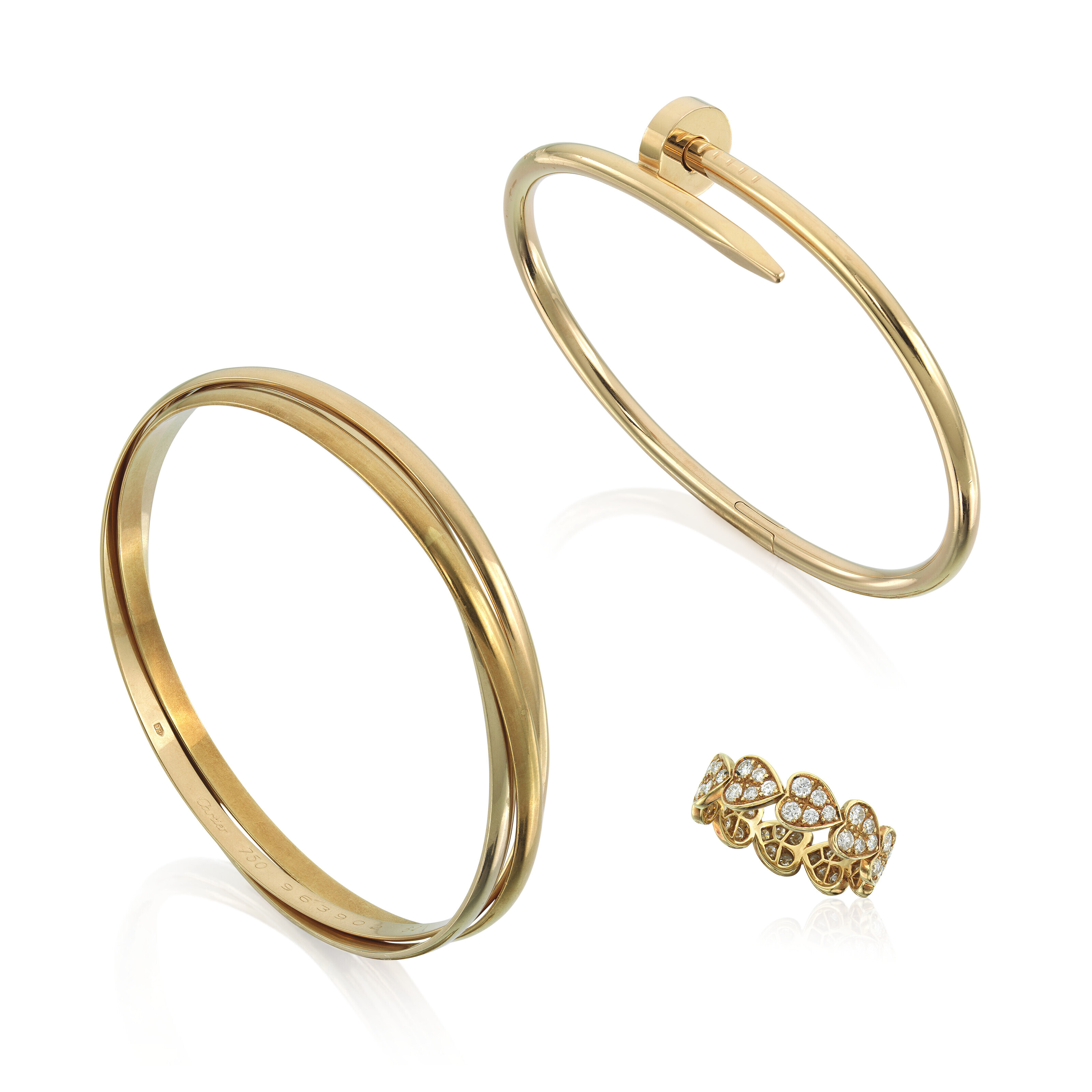 NO RESERVE - CARTIER 'JUSTE UN CLOU' AND 'TRINITY' BANGLE; TOGETHER WITH A CARTIER DIAMOND RING ...