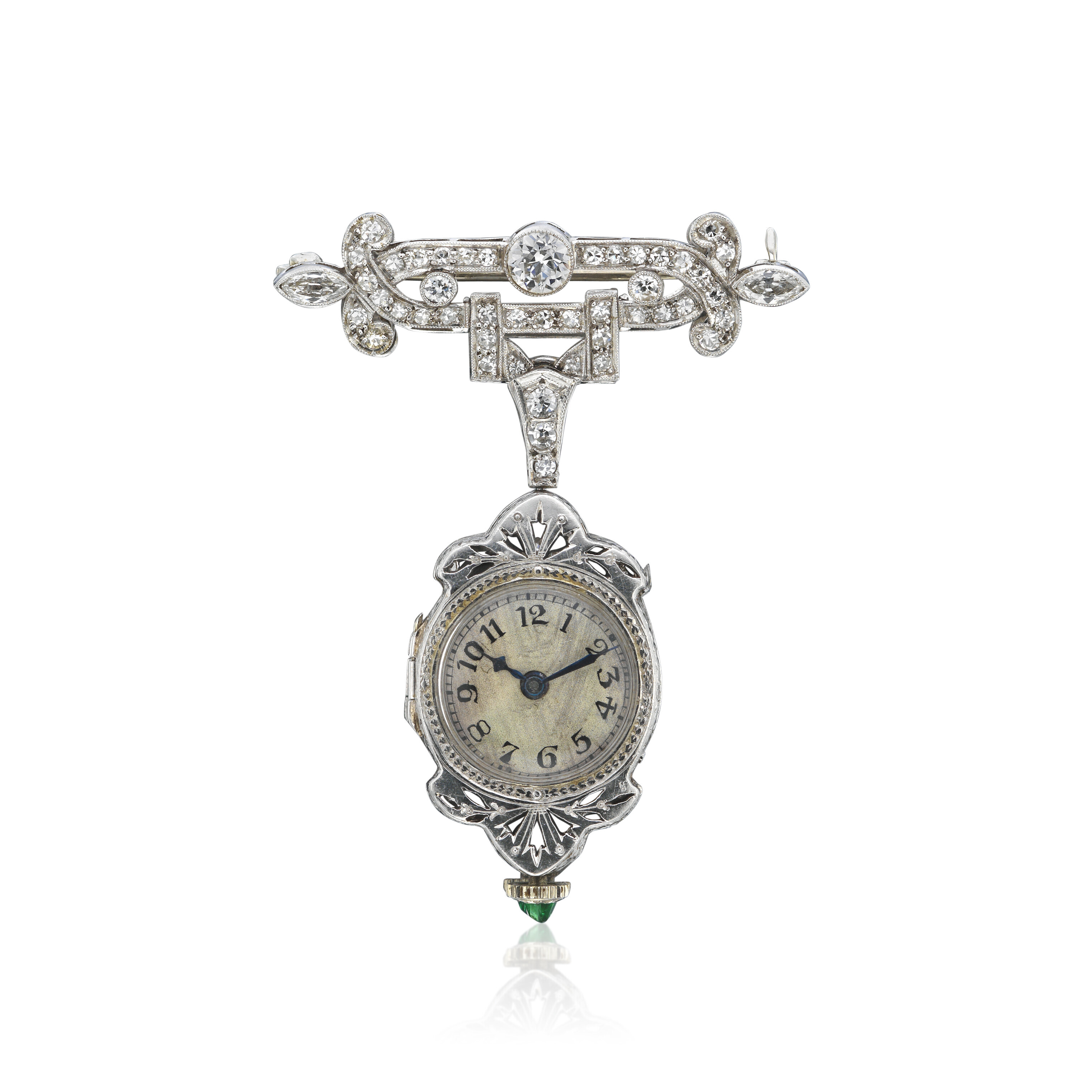 DIAMOND AND EMERALD WATCH-BROOCH, | Christie’s