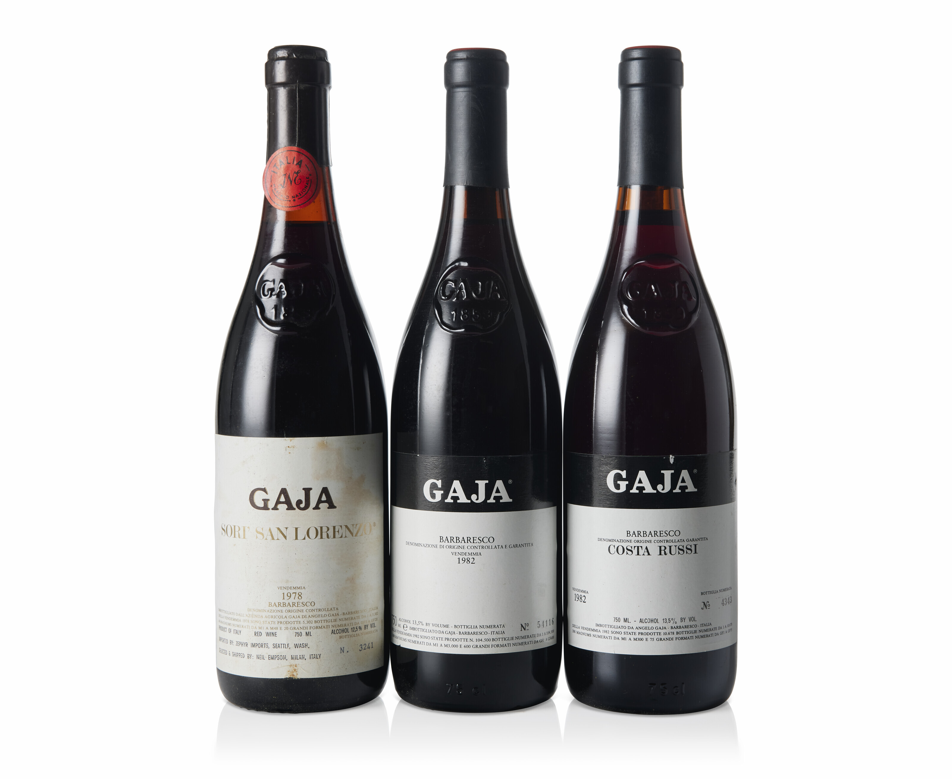 Mixed Gaja, Gaja Sori San Lorenzo 1978Bin-soiled labelsLevels two at 3cms and one at 4cms (3 ...