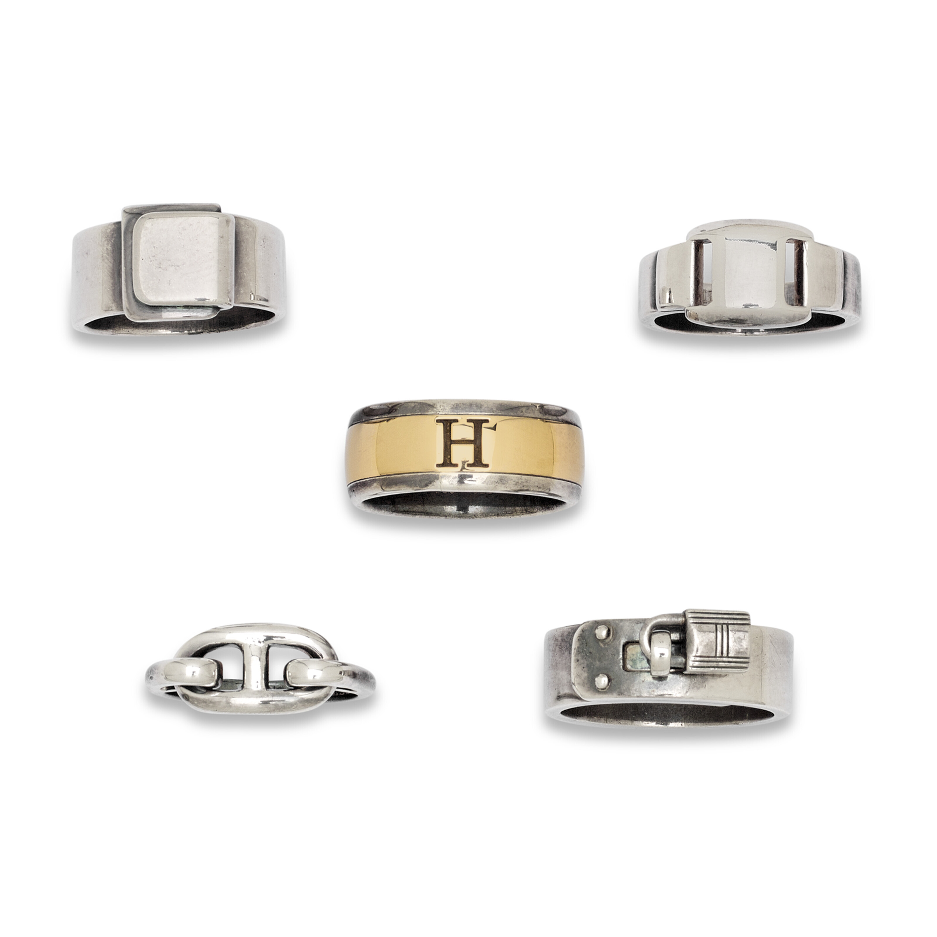 SET OF FIVE: A SILVER & GOLD PLATED H RING, A SILVER RONDE RING, A ...