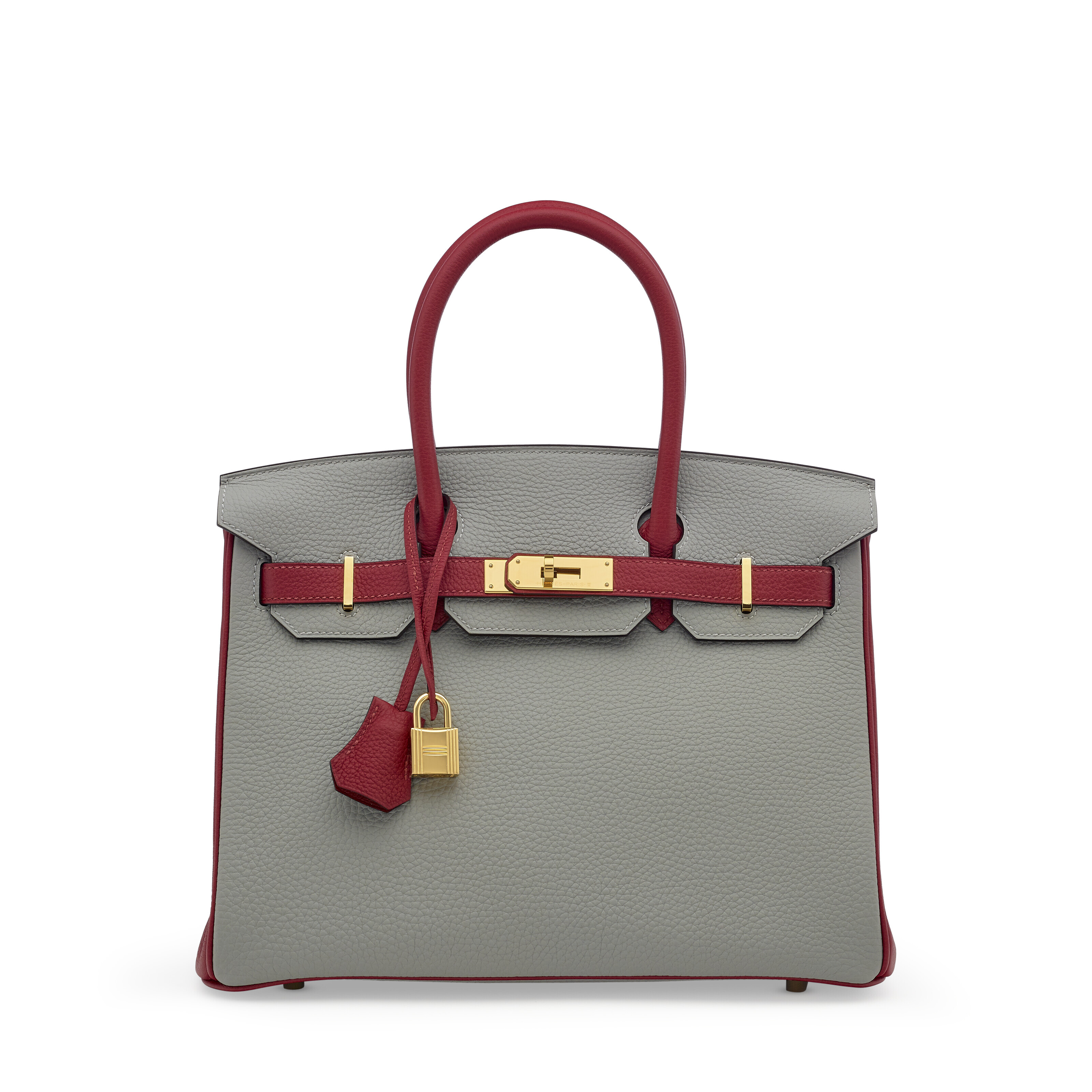 A CUSTOM ROUGE GRENAT & GRIS MOUETTE TOGO LEATHER BIRKIN 30 WITH GOLD ...