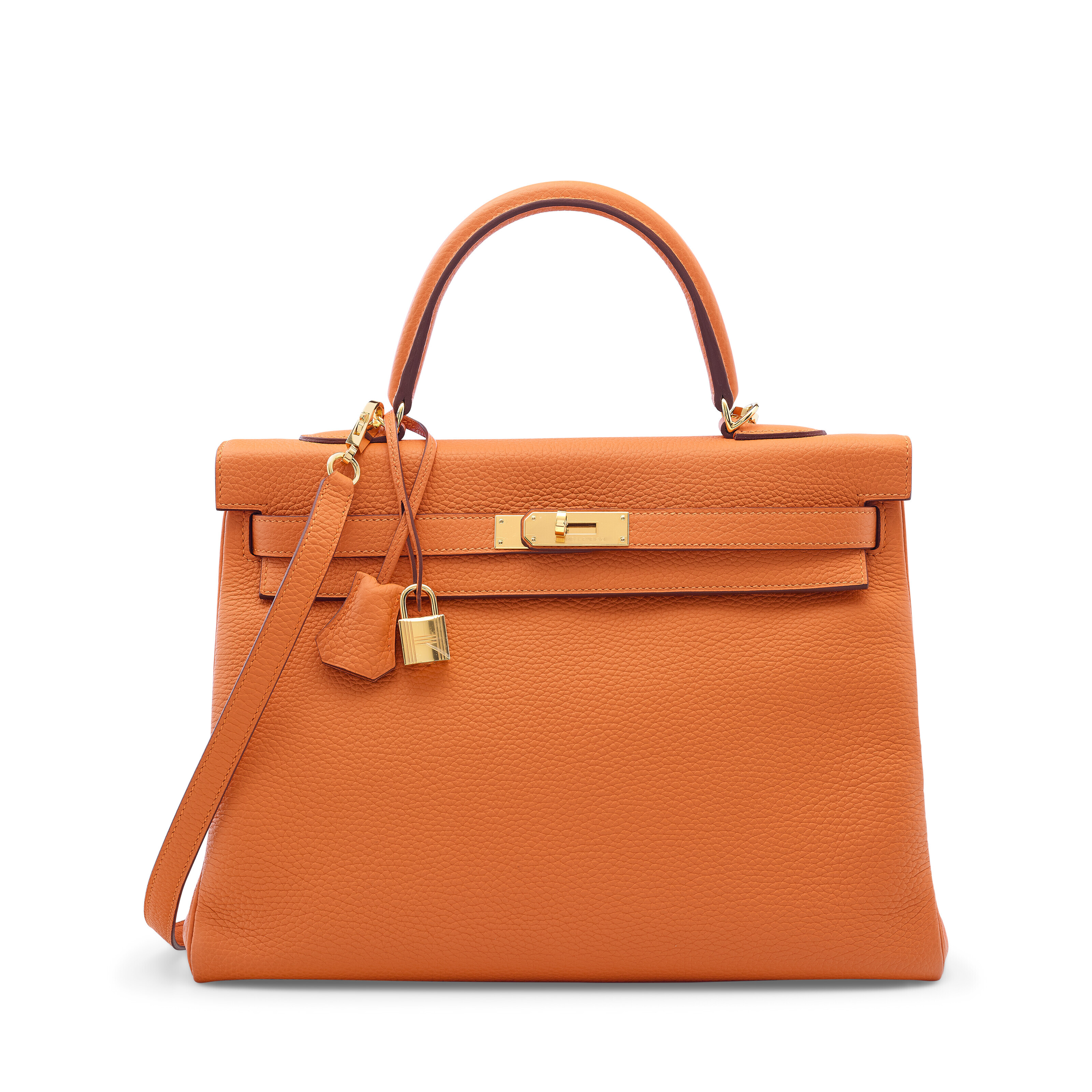 AN ORANGE H CLÉMENCE LEATHER RETOURNÉ KELLY 35 WITH GOLD HARDWARE ...