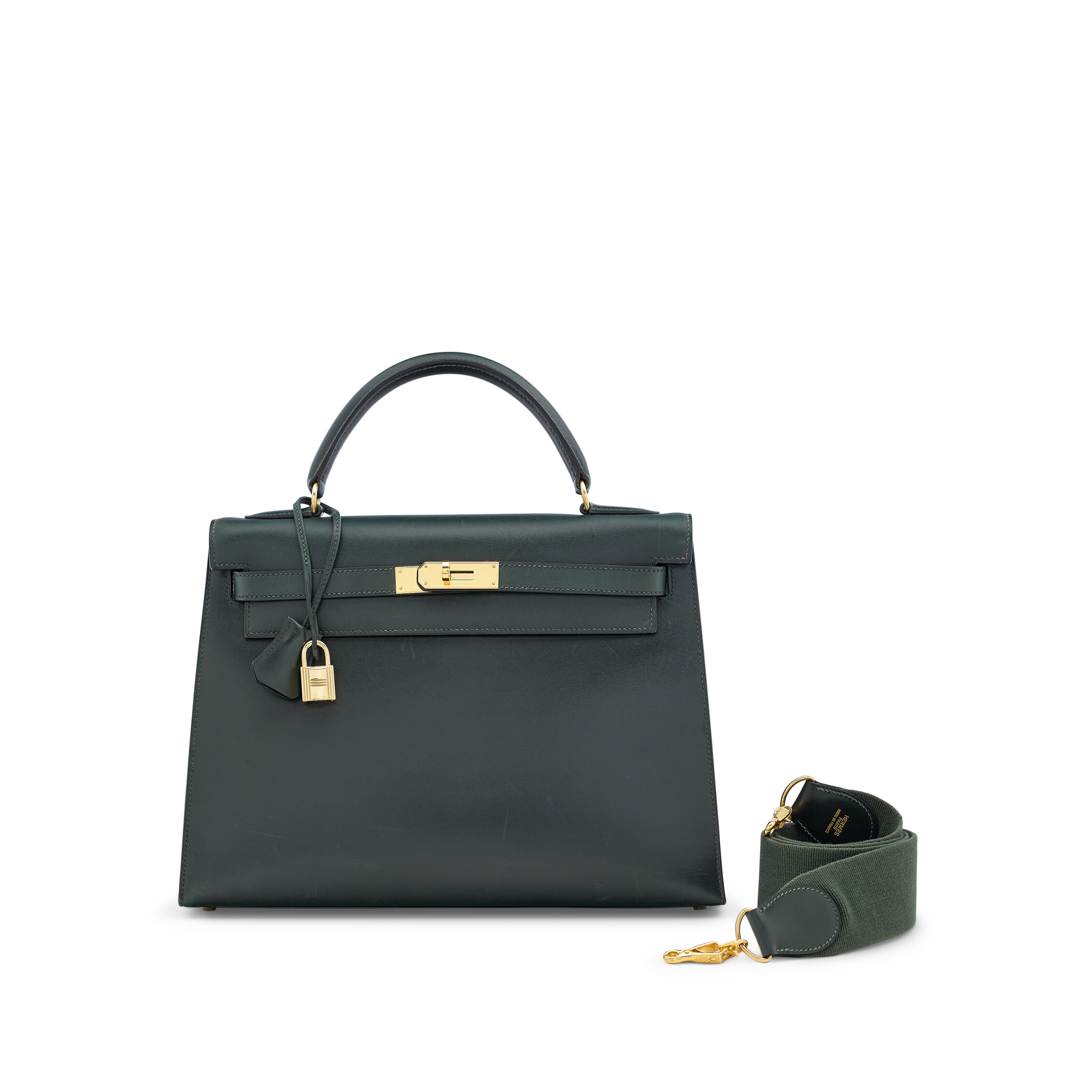 A VERT FONCÉ CALF BOX LEATHER SELLIER KELLY 32 WITH GOLD HARDWARE ...
