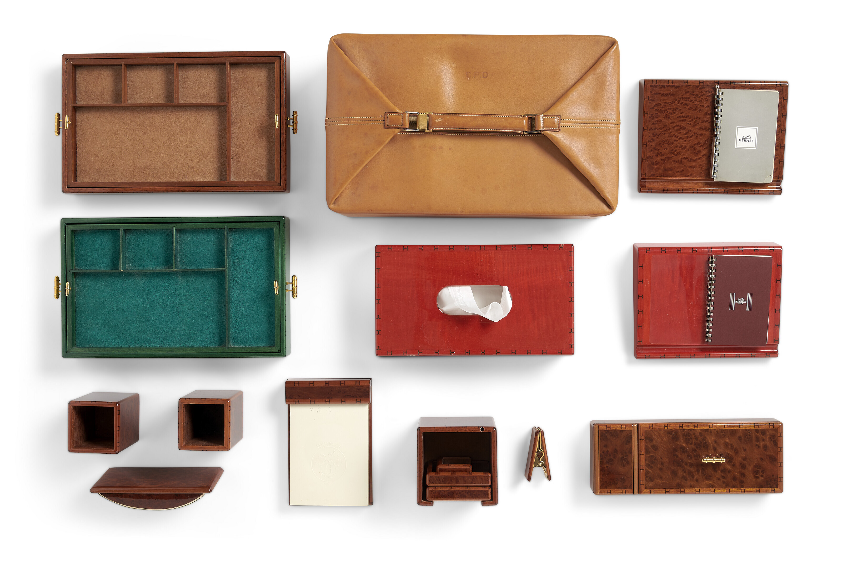 A GROUP OF THIRTEEN VINTAGE WOODEN DESK PIECES & A GROUP OF SILVER & A ...