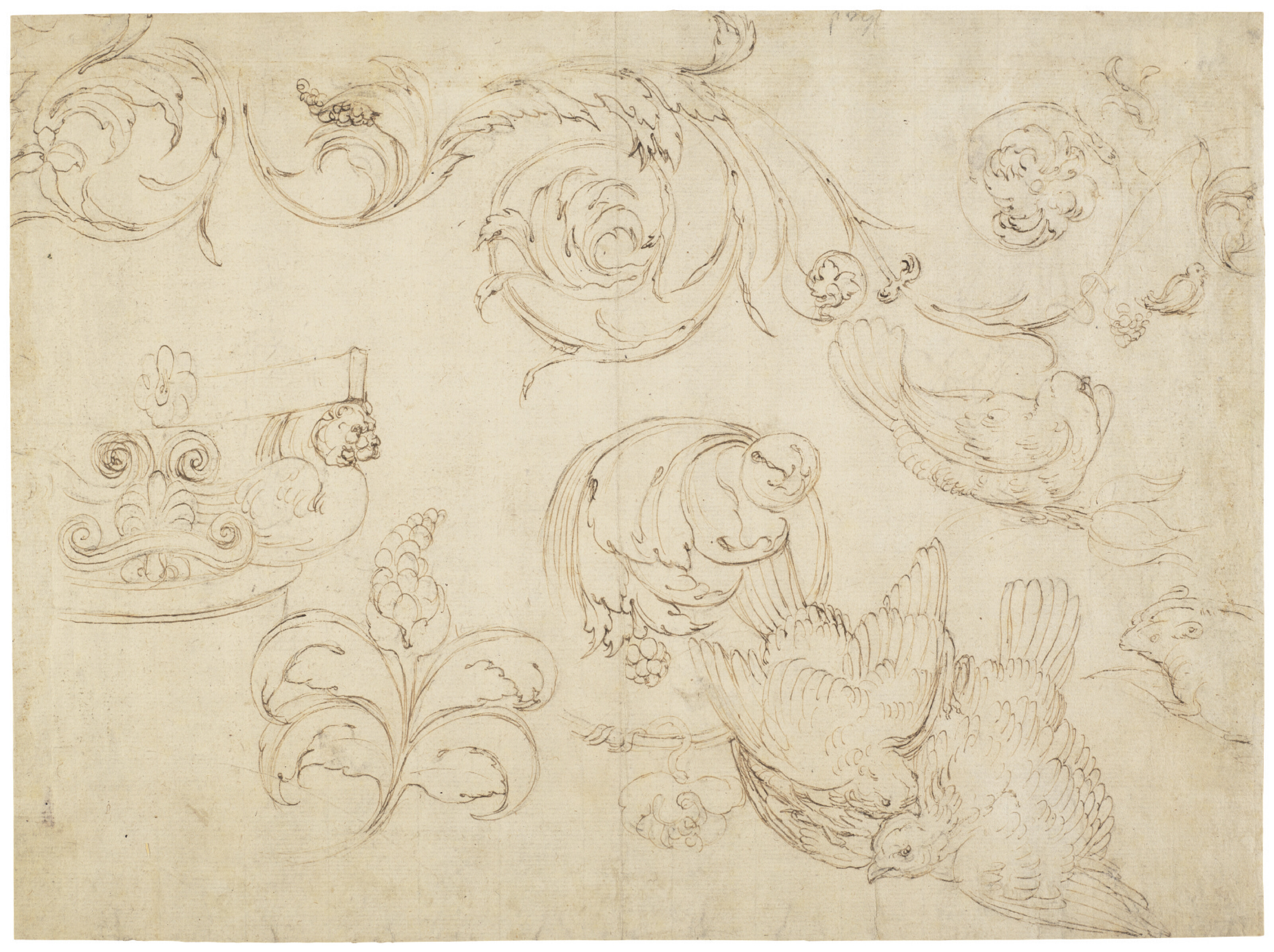 ITALIAN SCHOOOL, 16TH CENTURY, Foliage scrolls with doves, a field ...
