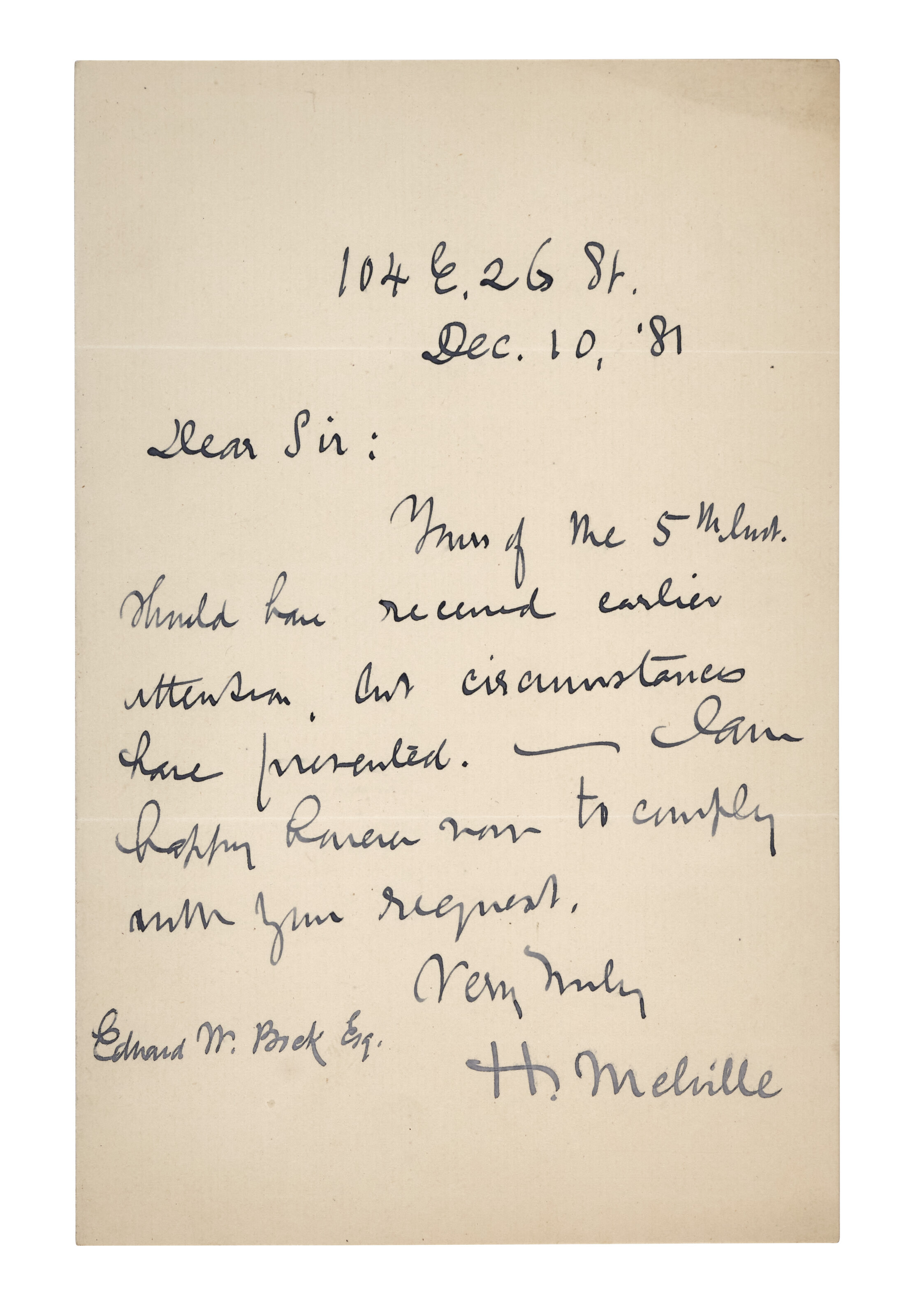 To autograph collector Edward Bok, Herman Melville, 10 December 1881 ...
