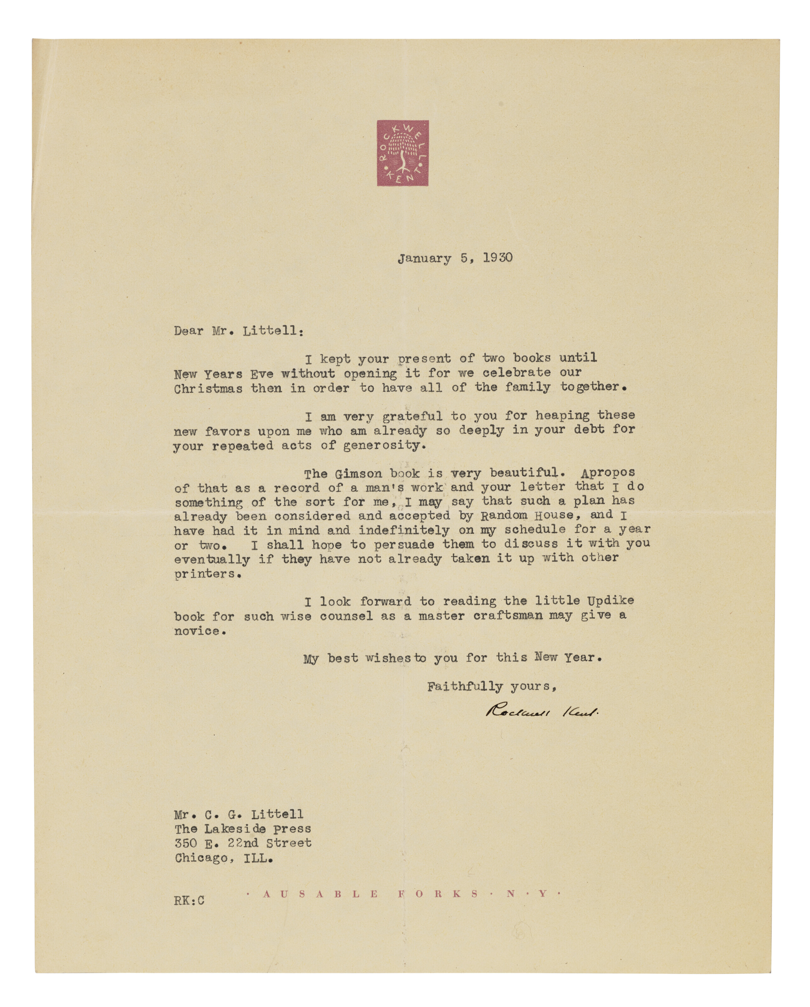 LAKESIDE PRESS MOBY-DICK, Correspondence between Rockwell Kent and his ...