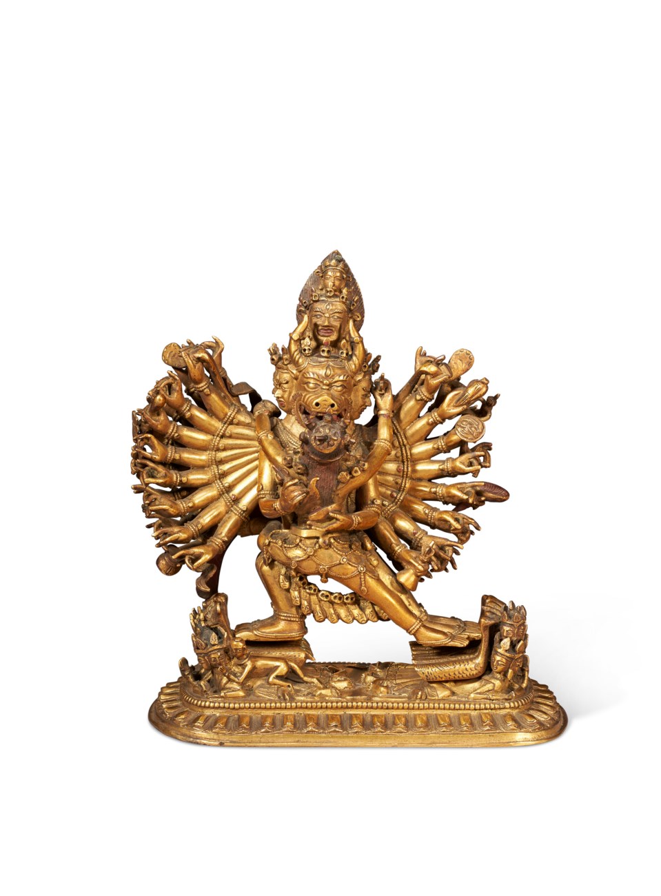 A SMALL AND FINE GILT-BRONZE FIGURE OF VAJRABHAIRAVA AND VAJRA VETALI ...