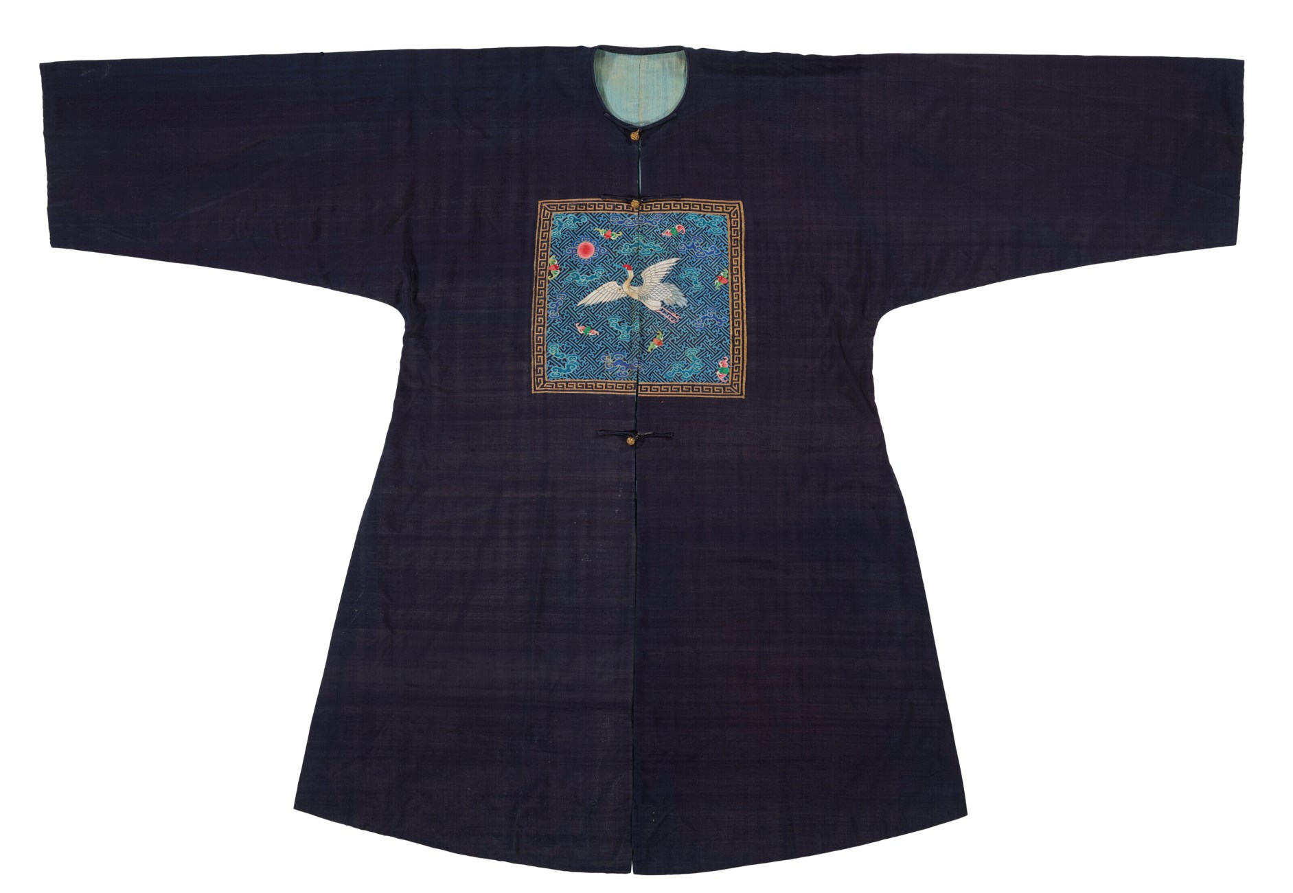 A MIDNIGHT-BLUE SILK SURCOAT WITH CRANE BADGE, BUFU, LATE 19TH CENTURY ...
