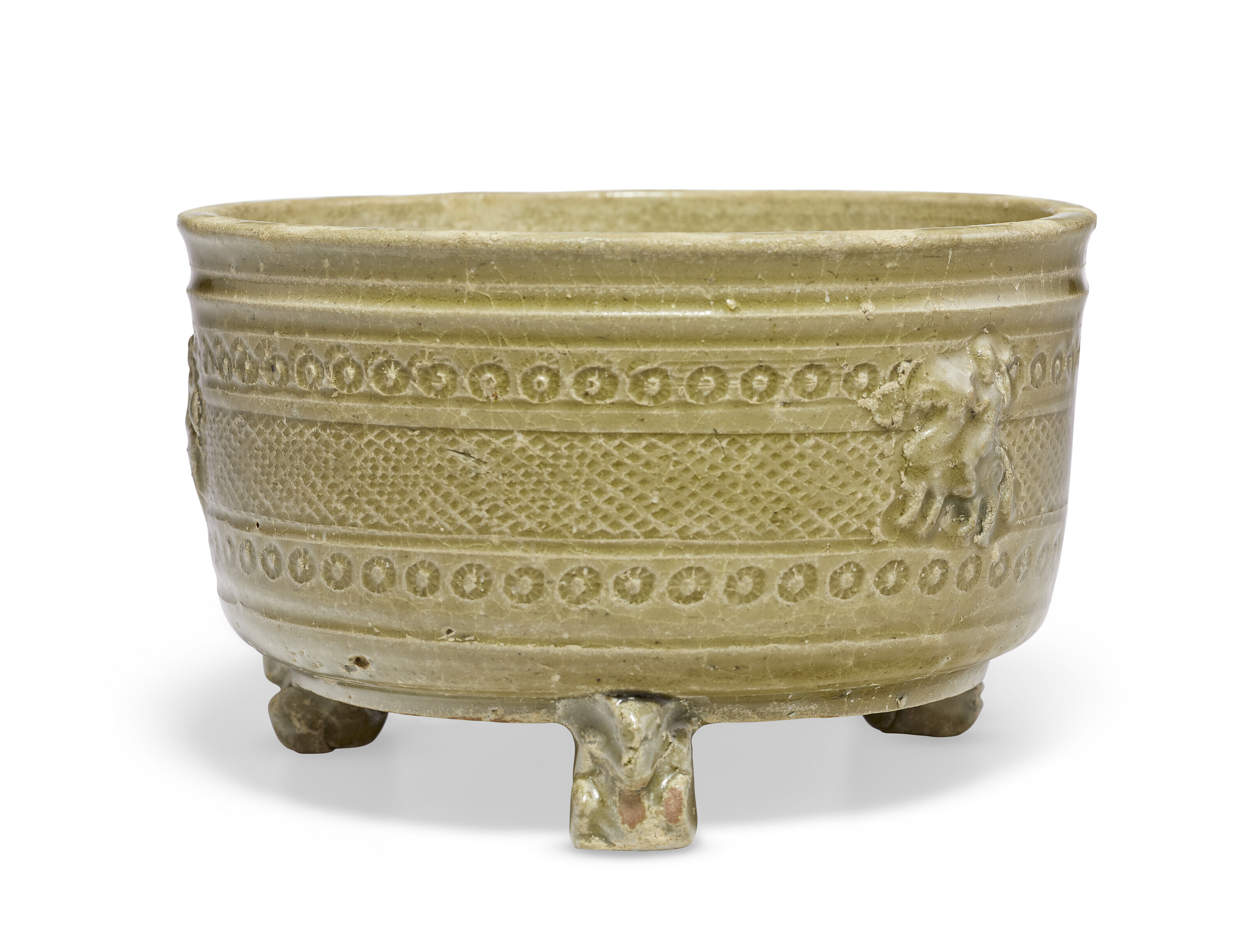 A MOLDED YUE TRIPOD CENSER, CHINA, WESTERN JIN DYNASTY (AD 265-316 ...