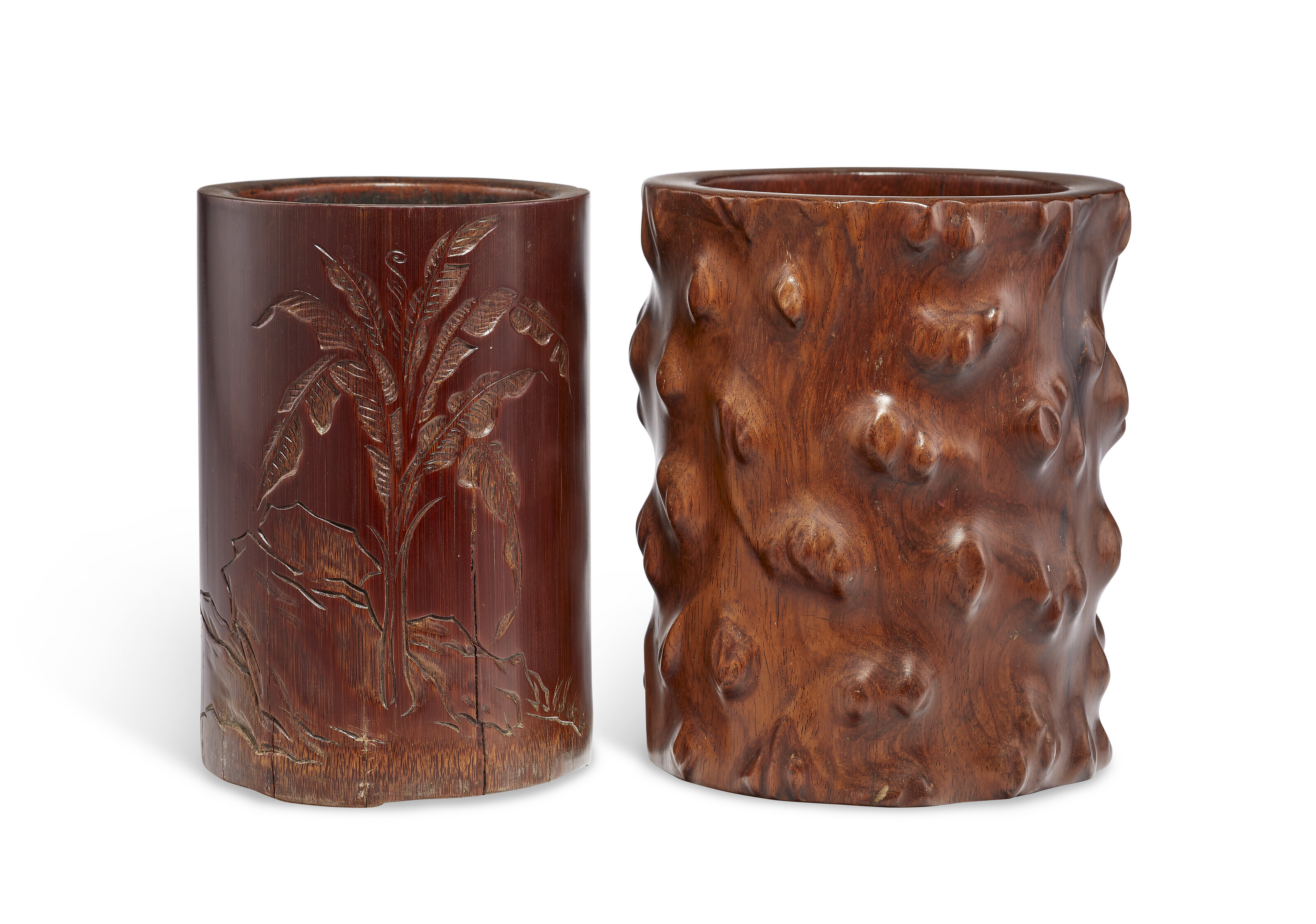 A CARVED HUALI ROOT-FORM BRUSH POT AND A BAMBOO BRUSH POT, CHINA, LATE ...