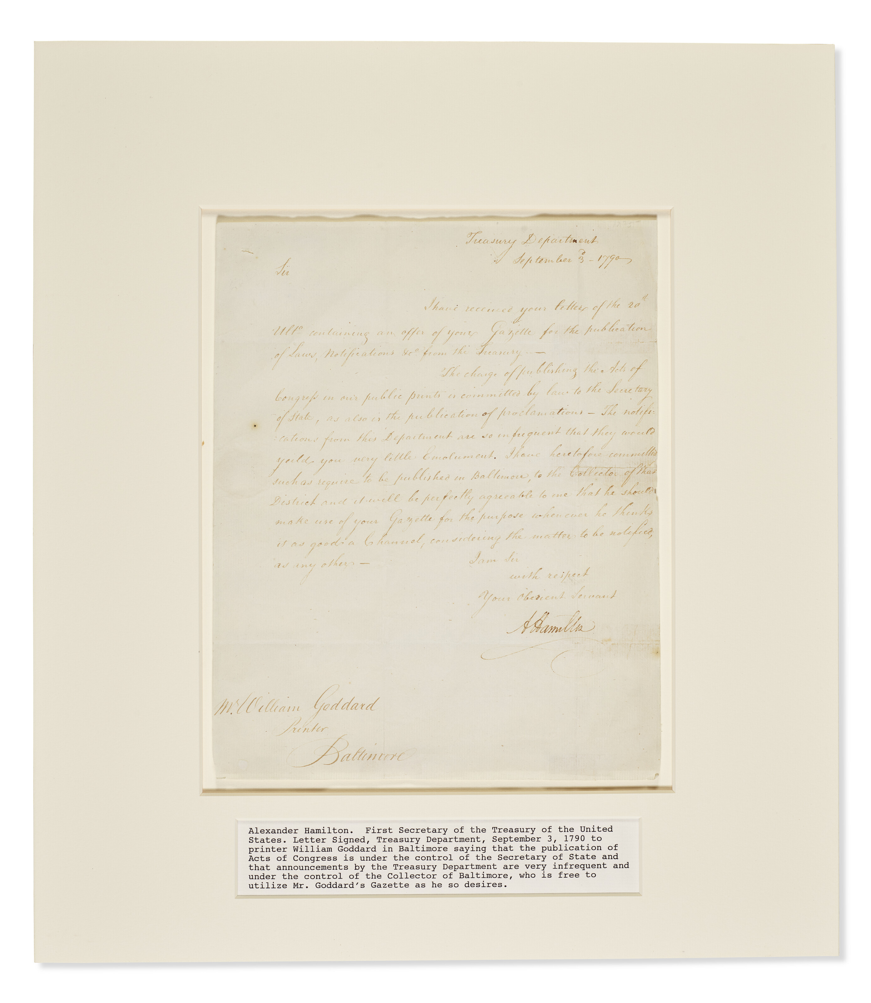 To printer William Goddard, Alexander Hamilton, 3 September 1790 ...