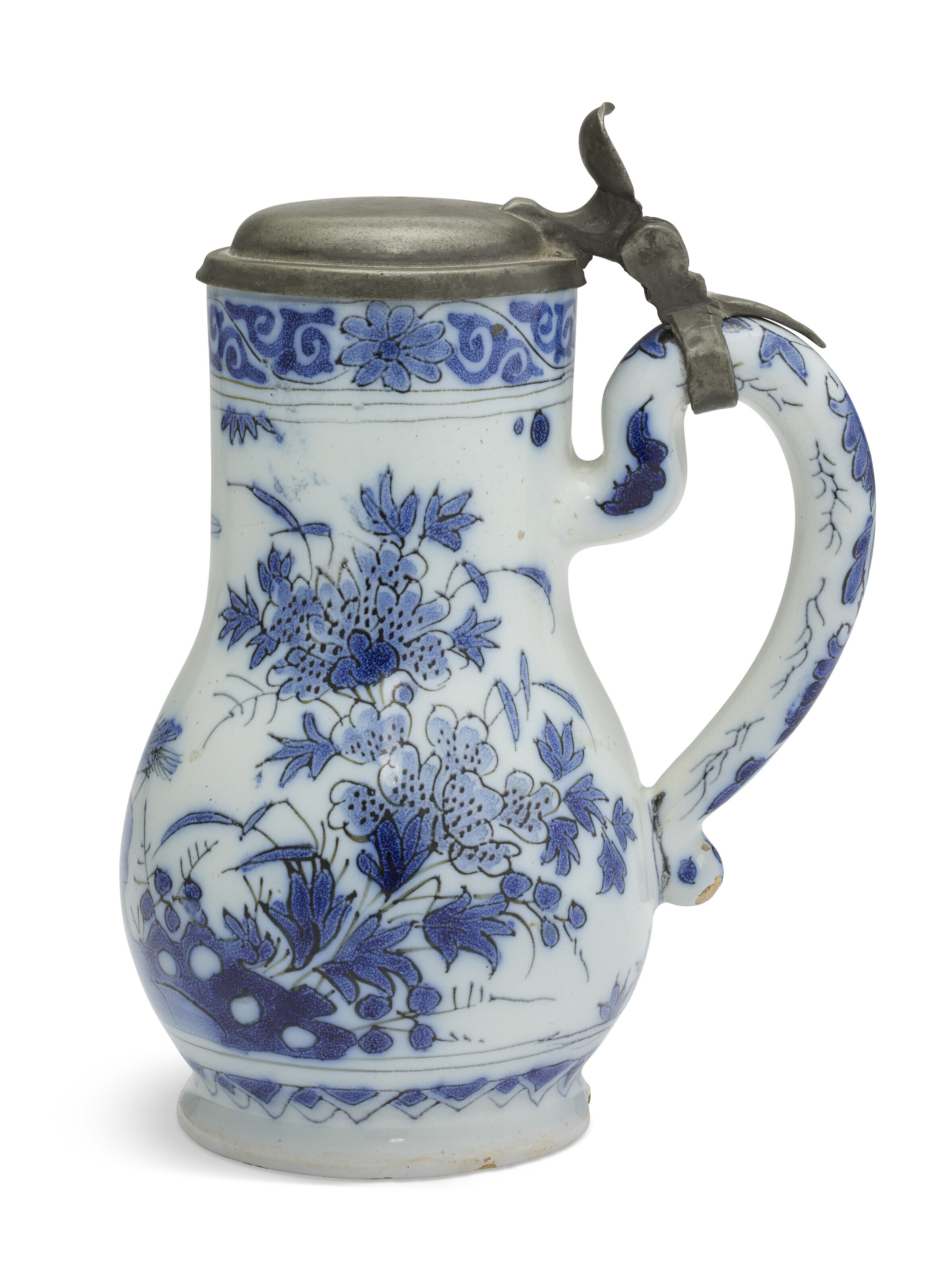 A PEWTER-MOUNTED DUTCH DELFT BLUE AND WHITE TANKARD AND COVER, CIRCA ...