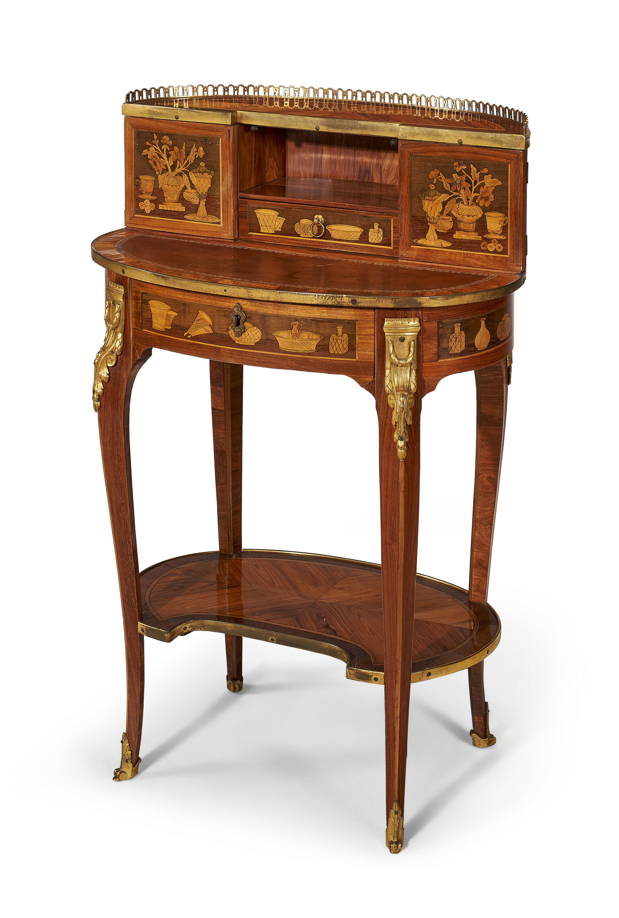 A LOUIS XV ORMOLU-MOUNTED TULIPWOOD, AMARANTH AND MARQUETRY BONHEUR DU JOUR, IN THE MANNER OF ...