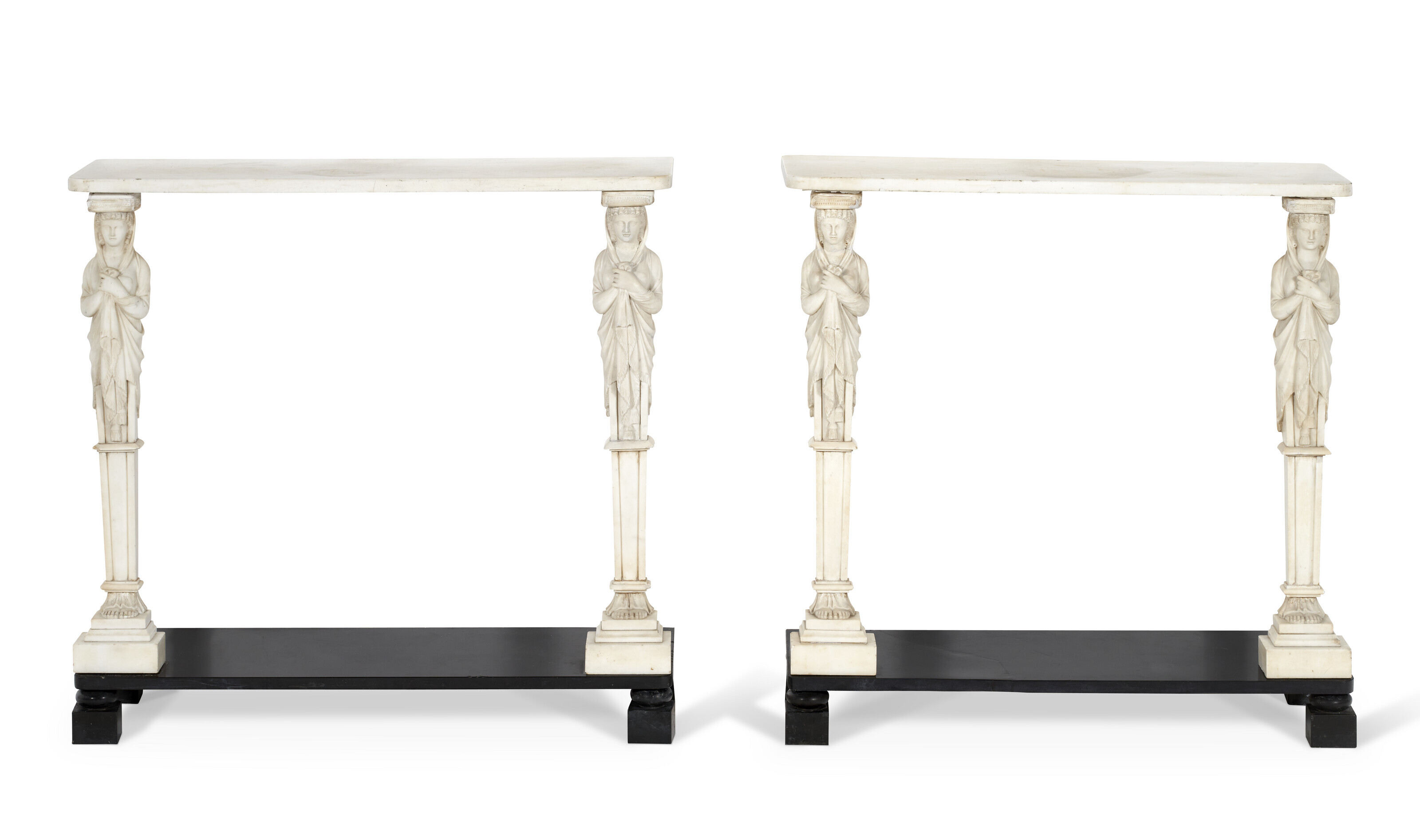 A PAIR OF LATE GEORGE III CARVED WHITE MARBLE CONSOLE TABLES, THE ...