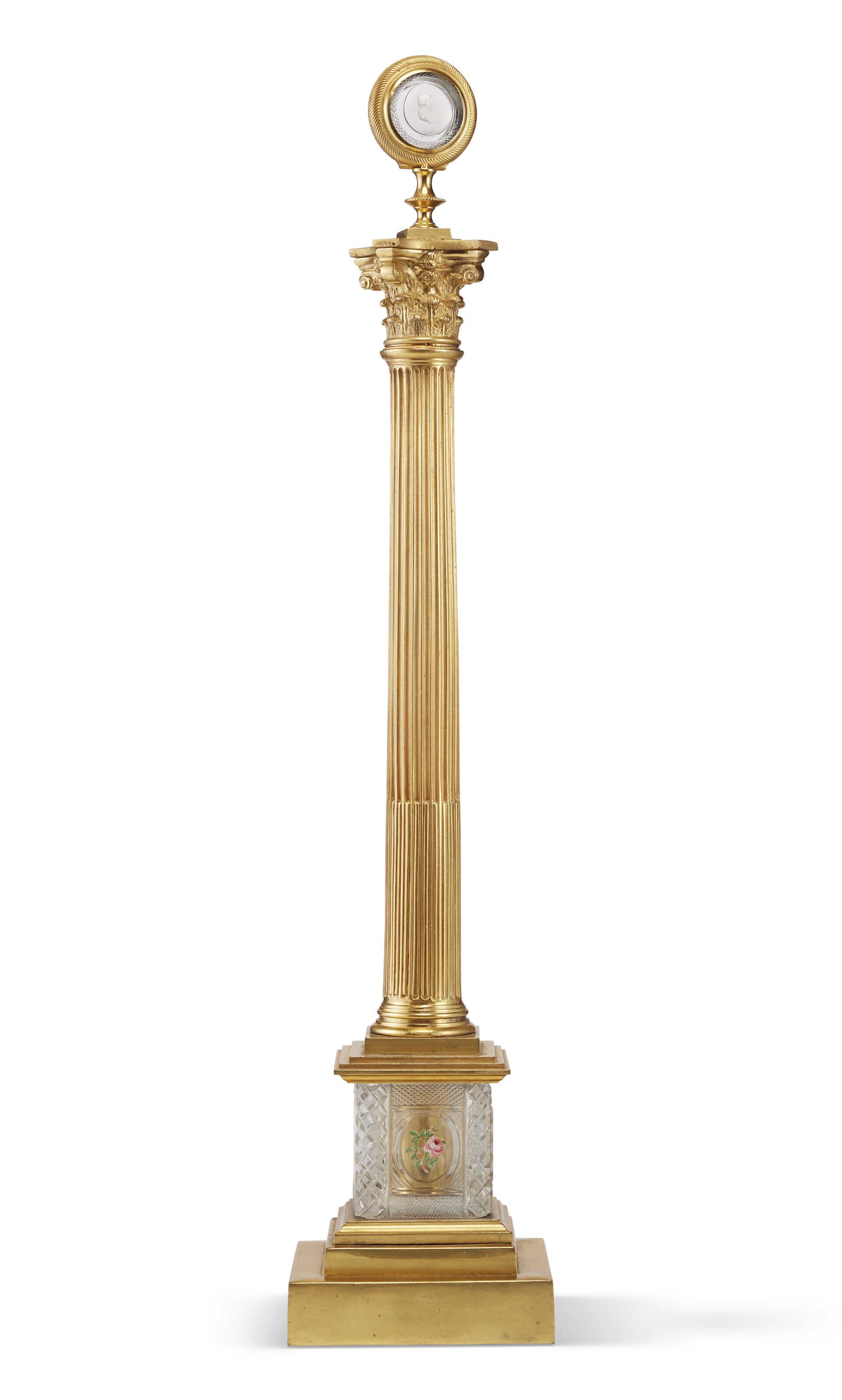 AN EARLY VICTORIAN ORMOLU AND SULPHIDE GLASS COMMEMORATIVE COLUMN ...