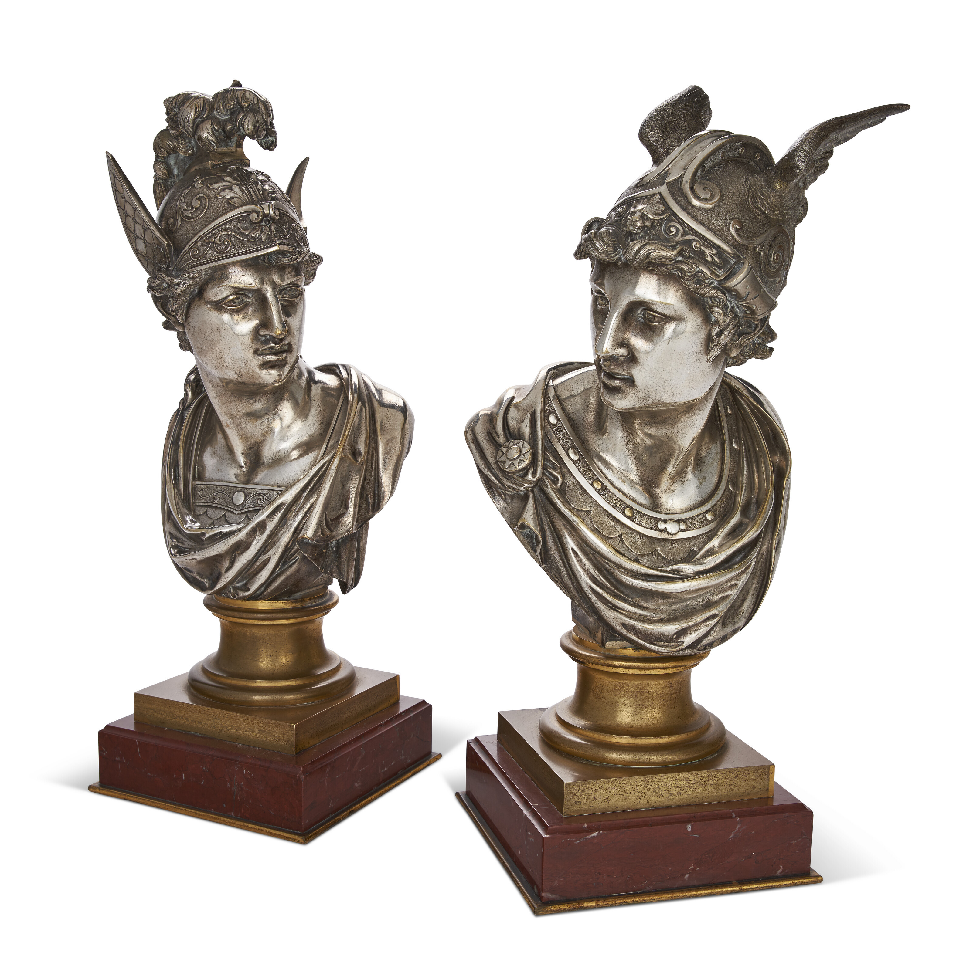 A PAIR OF FRENCH SILVERED-BRONZE MYTHOLOGICAL BUSTS, LAST QUARTER 19TH ...