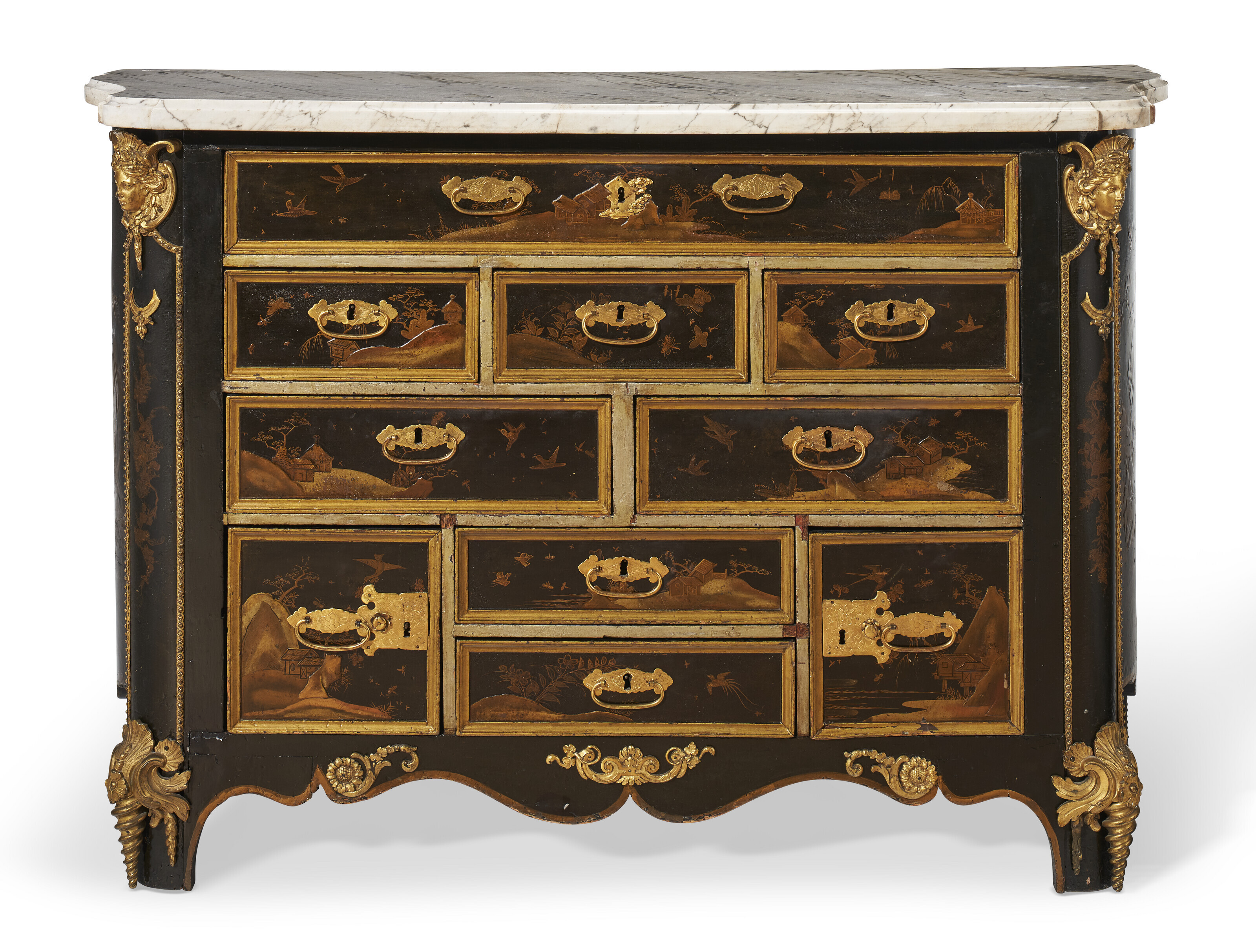 A REGENCE ORMOLU-MOUNTED JAPANESE LACQUER AND VERNIS COMMODE EN CABINET ...