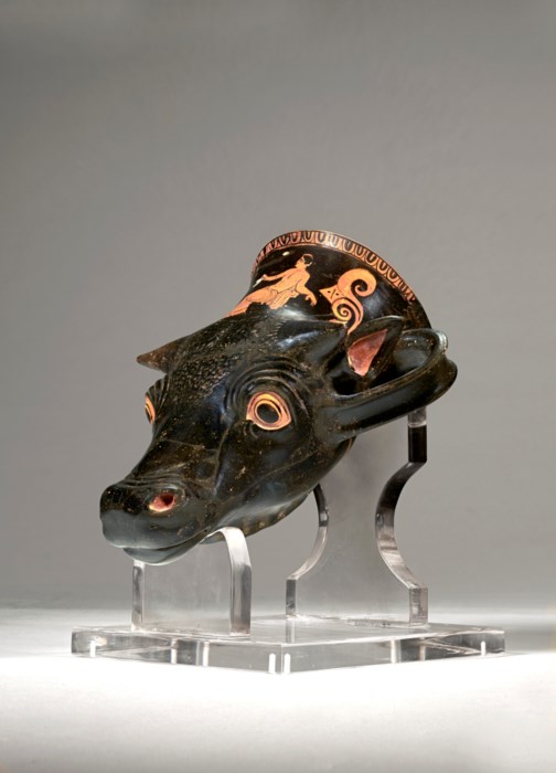 AN APULIAN RED-FIGURED KANTHAROID BULL-HEADED RHYTON
