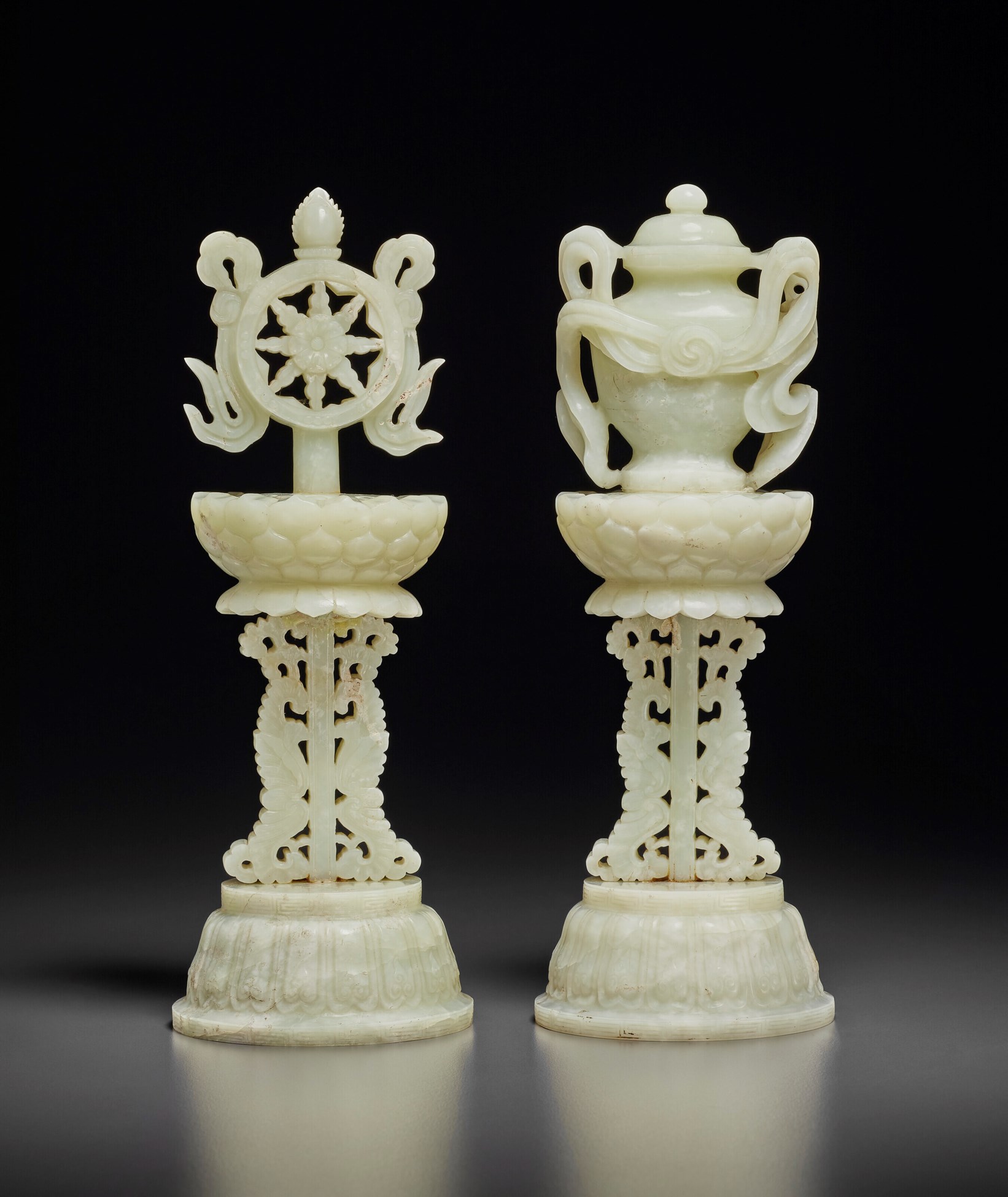 A PAIR OF PALE BEIGEISH-WHITE JADE ALTAR ORNAMENTS , 18TH CENTURY ...