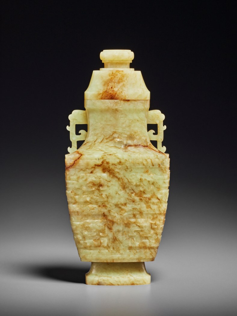 A PALE YELLOW AND RUSSET JADE ARCHAISTIC VASE AND COVER, 18TH-19TH ...