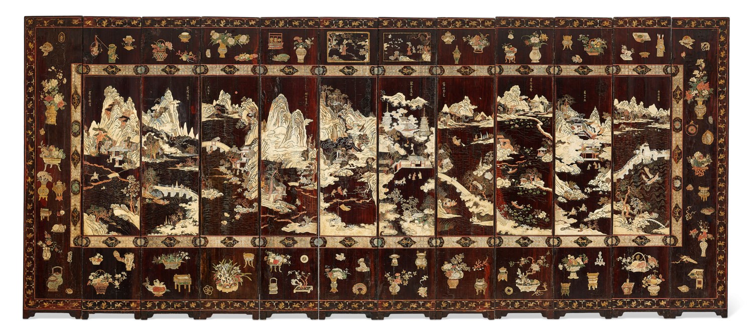 A VERY RARE TWELVE-PANEL COROMANDEL LACQUER SCREEN, DATED TO THE ...