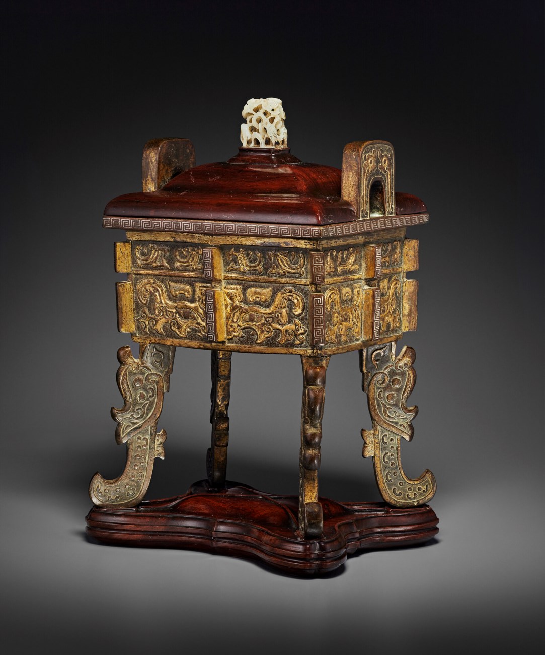 A LARGE SILVER-INLAID GILT-BRONZE FANGDING-FORM ARCHAISTIC CENSER, LATE ...