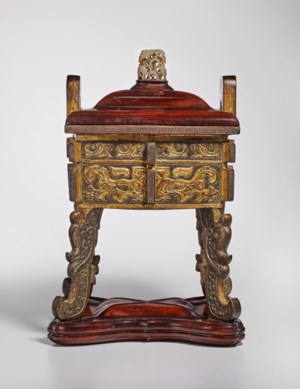 A LARGE SILVER-INLAID GILT-BRONZE FANGDING-FORM ARCHAISTIC CENSER, LATE ...