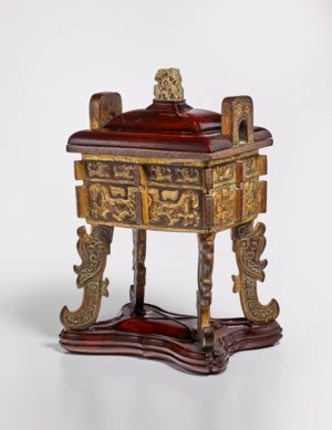 A LARGE SILVER-INLAID GILT-BRONZE FANGDING-FORM ARCHAISTIC CENSER, LATE ...