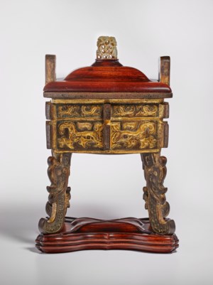 A LARGE SILVER-INLAID GILT-BRONZE FANGDING-FORM ARCHAISTIC CENSER, LATE ...