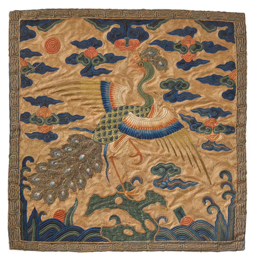 A RARE EMBROIDERED GOLD-GROUND RANK BADGE OF A PEACOCK, BUZI