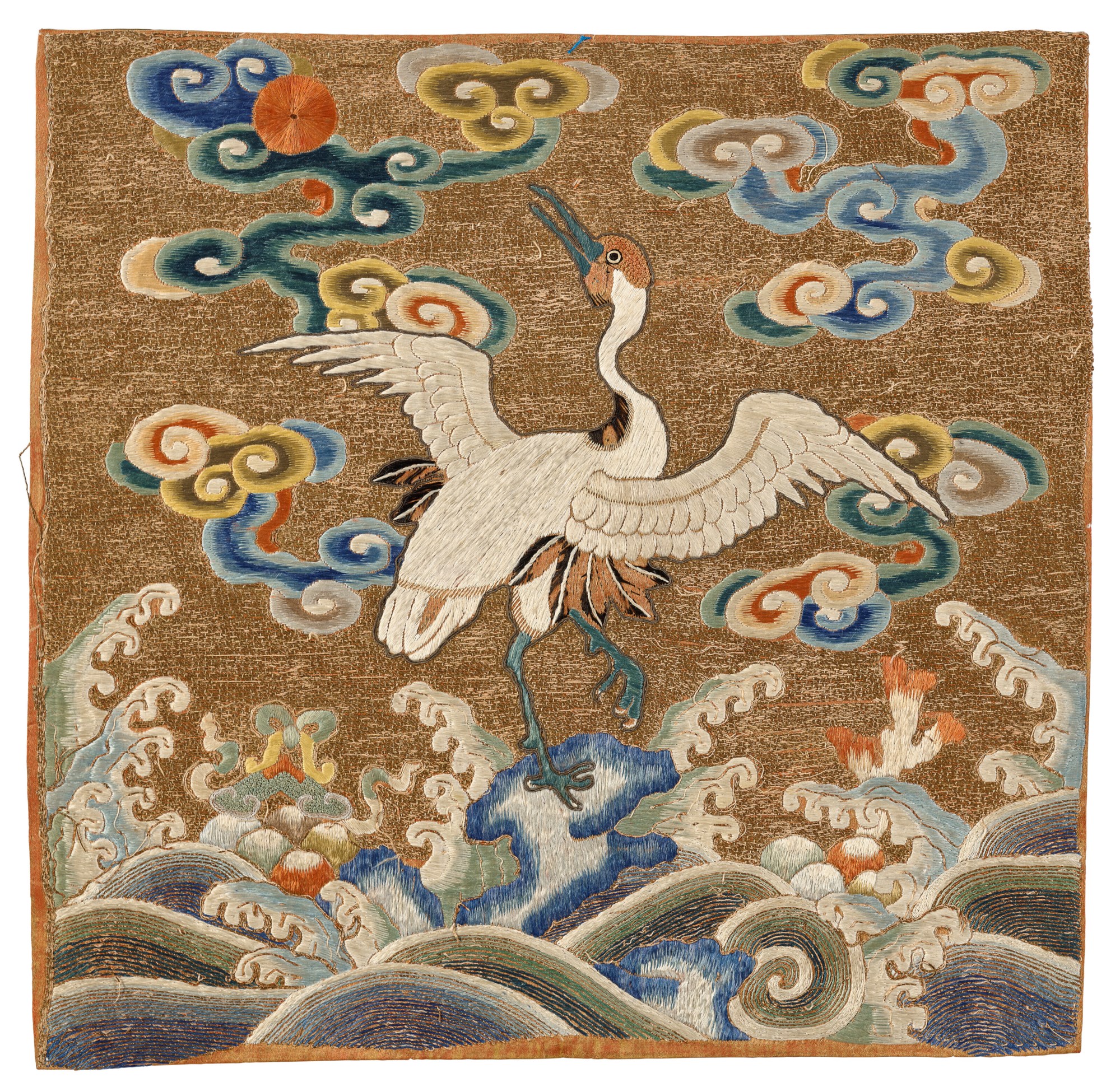 A FINELY EMBROIDERED GOLD-GROUND RANK BADGE OF A CRANE, BUZI, YONGZHENG ...